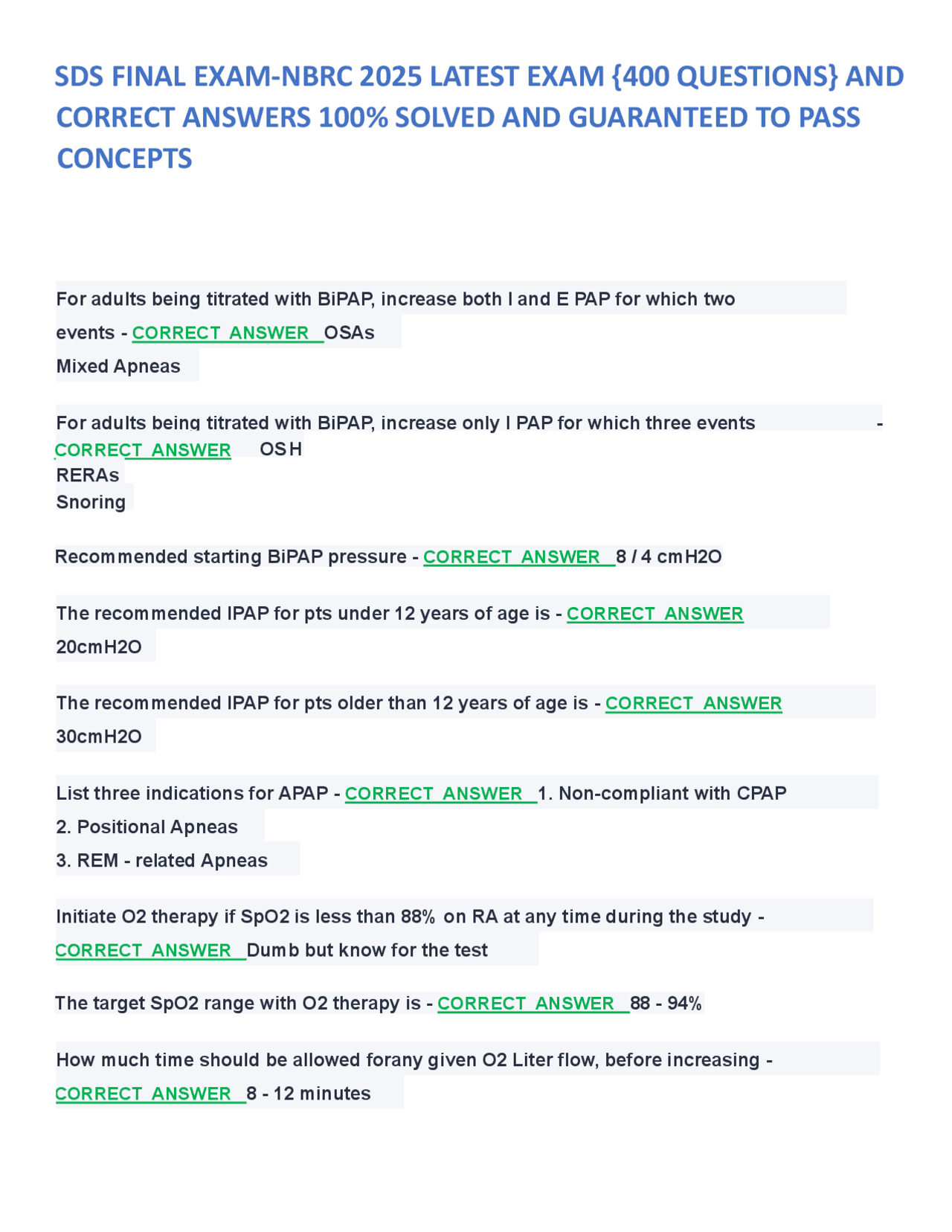 SDS FINAL EXAM-NBRC 2025 LATEST EXAM {400 QUESTIONS} AND CORRECT ...