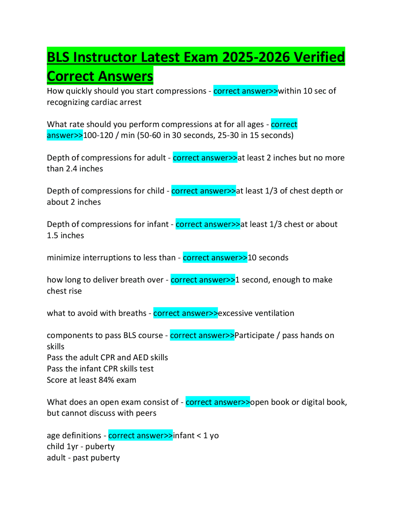 BLS Instructor Latest Exam 2025-2026 Verified Correct Answers | Exams ...