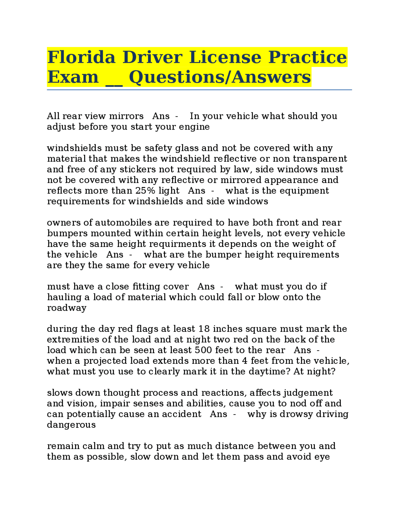 Florida Driver License Practice Exam: Q&A for Test Preparation | Exams ...