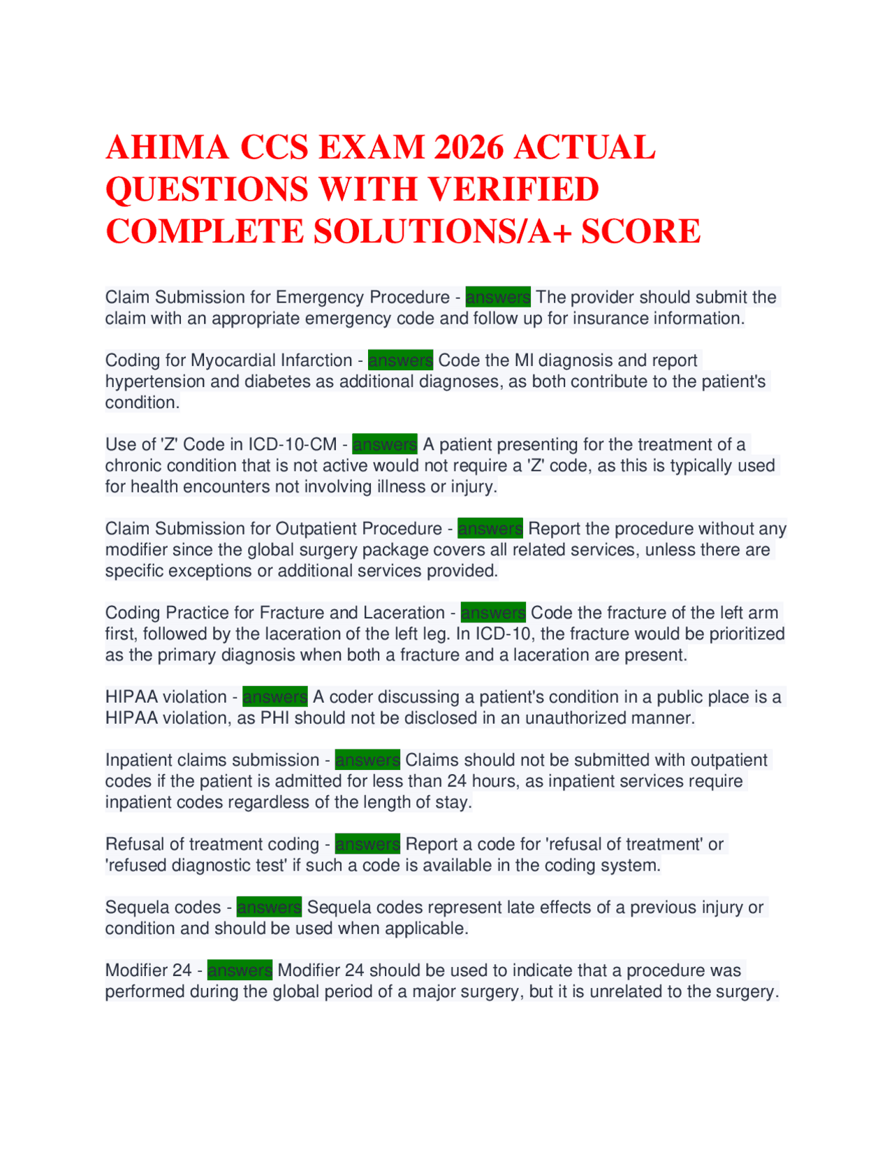 AHIMA CCS Exam Questions and Verified Solutions 2026 | Exams General ...