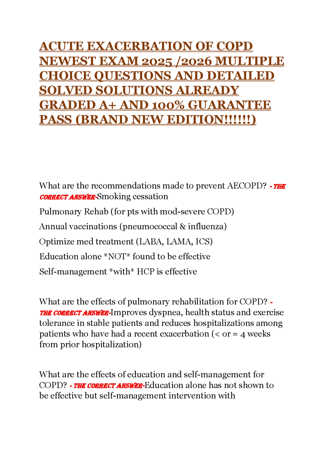 ACUTE EXACERBATION OF COPD NEWEST EXAM 2025 /2026 MULTIPLE CHOICE ...