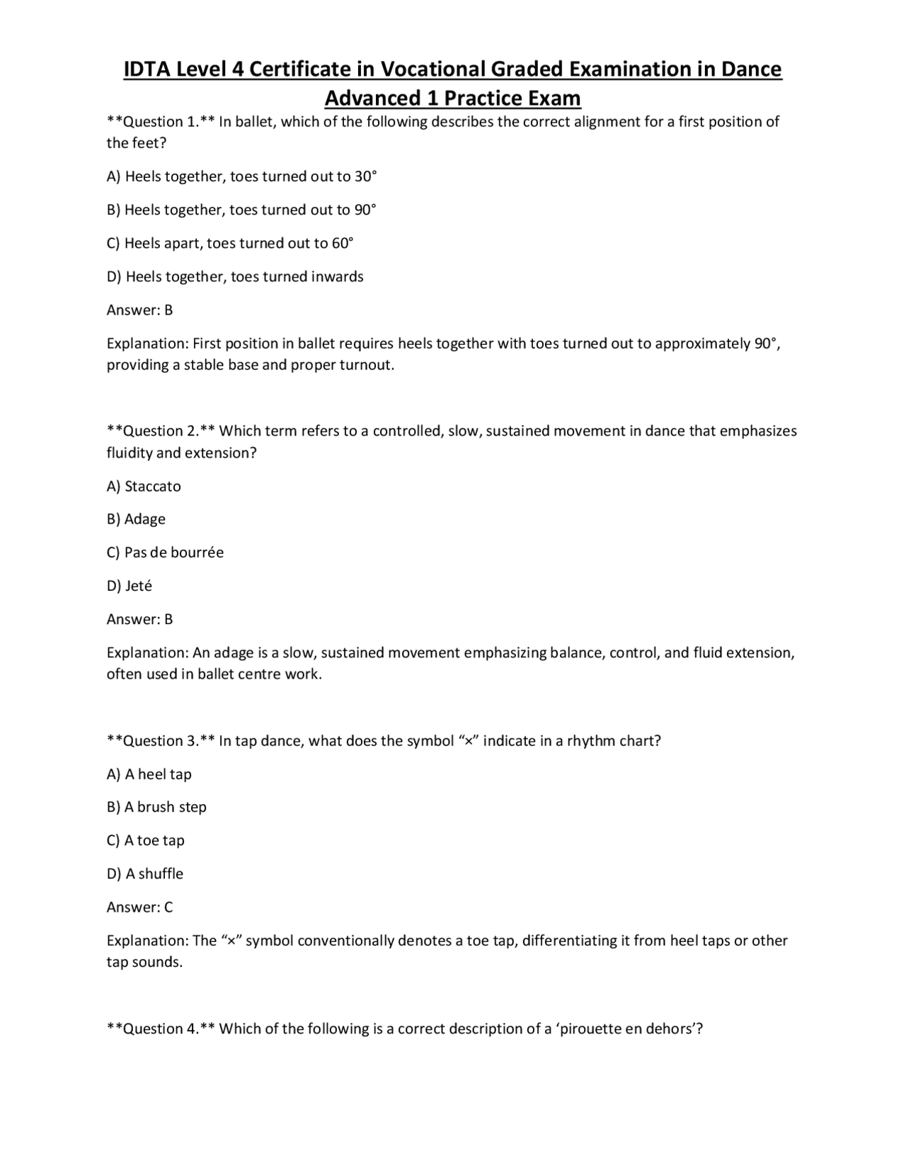 Dance Advanced 1 Practice Exam: IDTA Level 4 Certificate | Exams ...