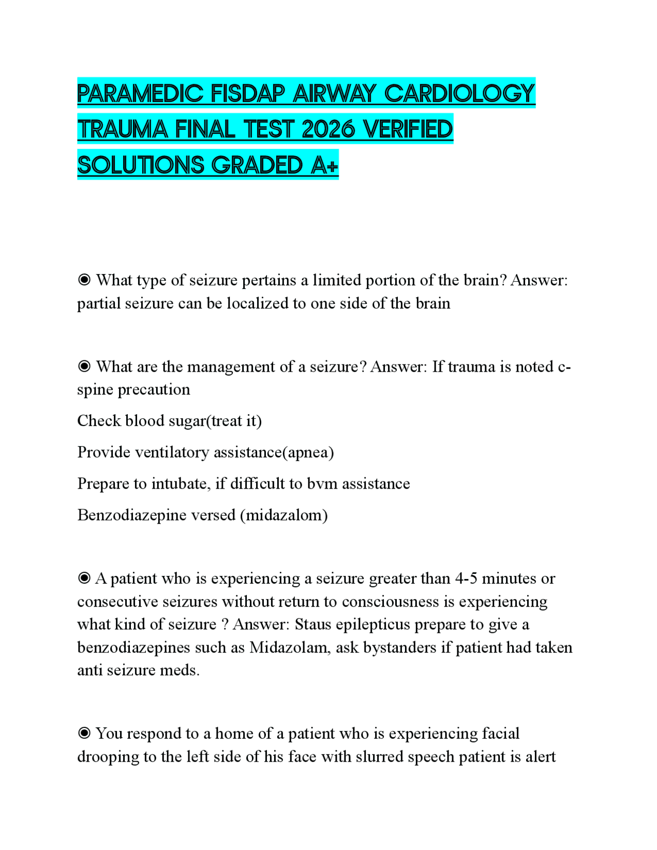 PARAMEDIC FISDAP AIRWAY CARDIOLOGY TRAUMA FINAL TEST 2026 VERIFIED ...