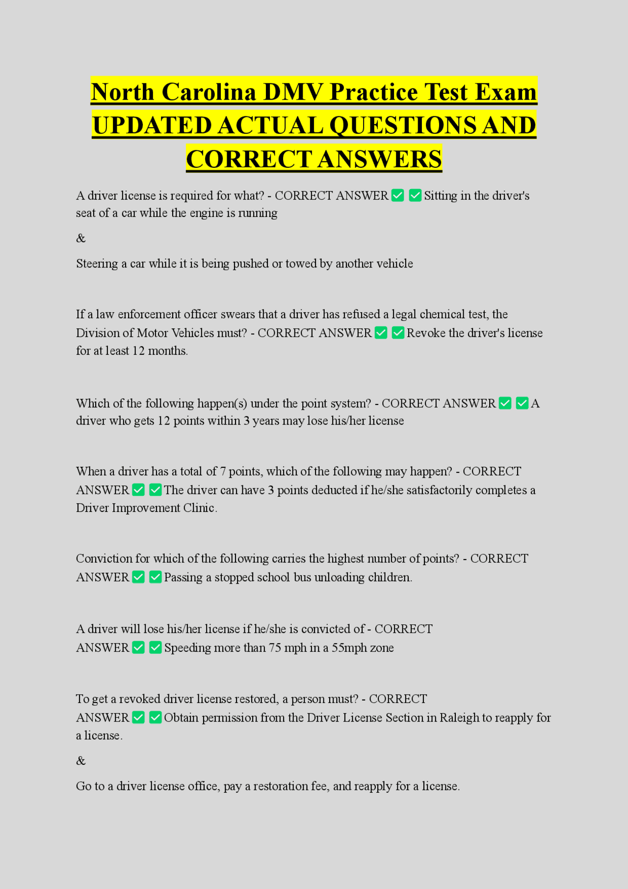North Carolina DMV Practice Test Exam UPDATED ACTUAL QUESTIONS AND ...