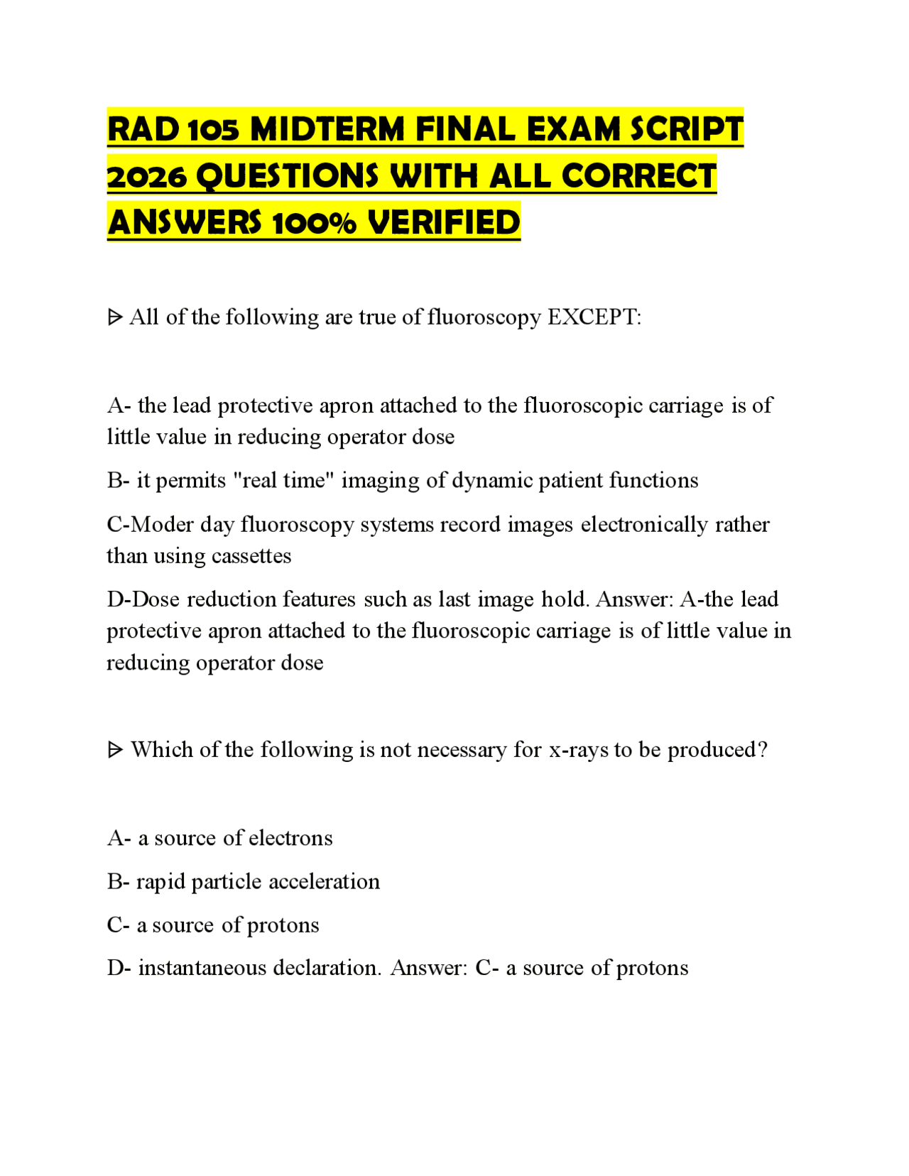 RAD 105 MIDTERM FINAL EXAM SCRIPT 2026 QUESTIONS WITH ALL CORRECT ...