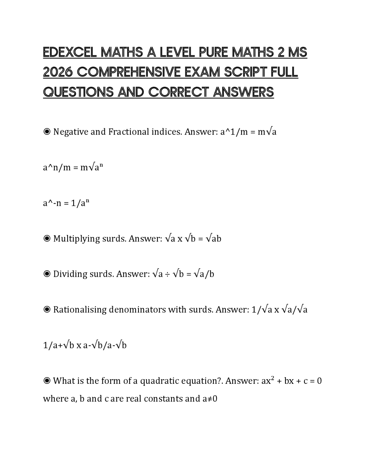 EDEXCEL MATHS A LEVEL PURE MATHS 2 MS 2026 COMPREHENSIVE EXAM SCRIPT ...