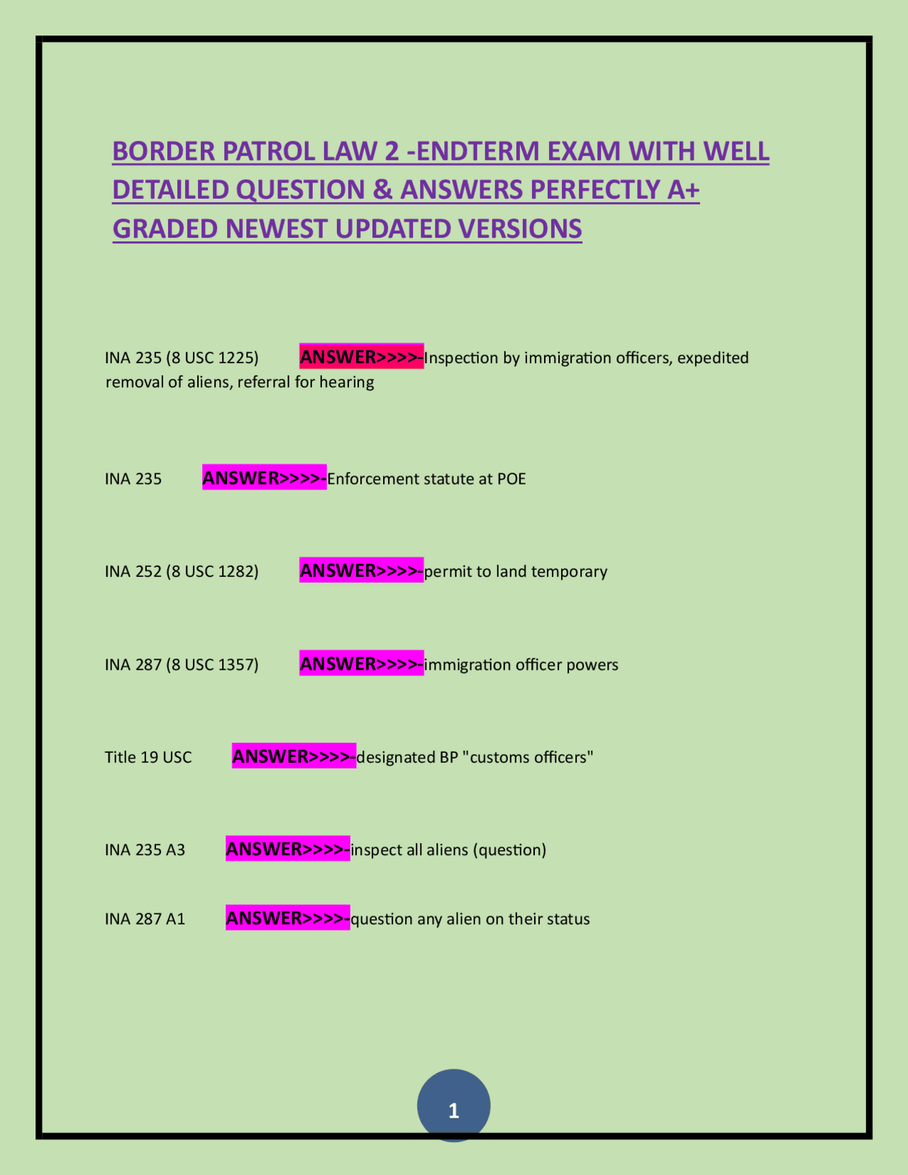 BORDER PATROL LAW 2 -ENDTERM EXAM WITH WELL DETAILED QUESTION & ANSWERS ...