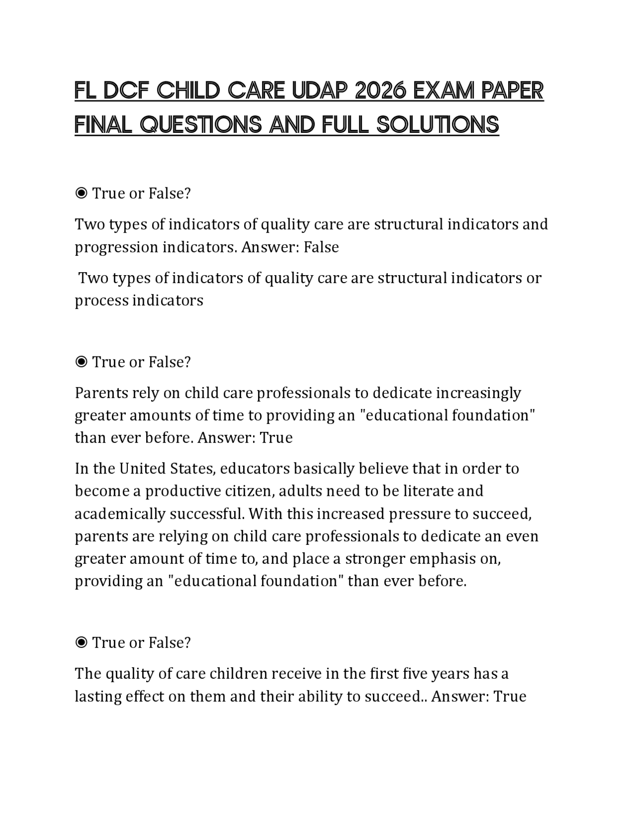 FL DCF CHILD CARE UDAP 2026 EXAM PAPER FINAL QUESTIONS AND FULL ...