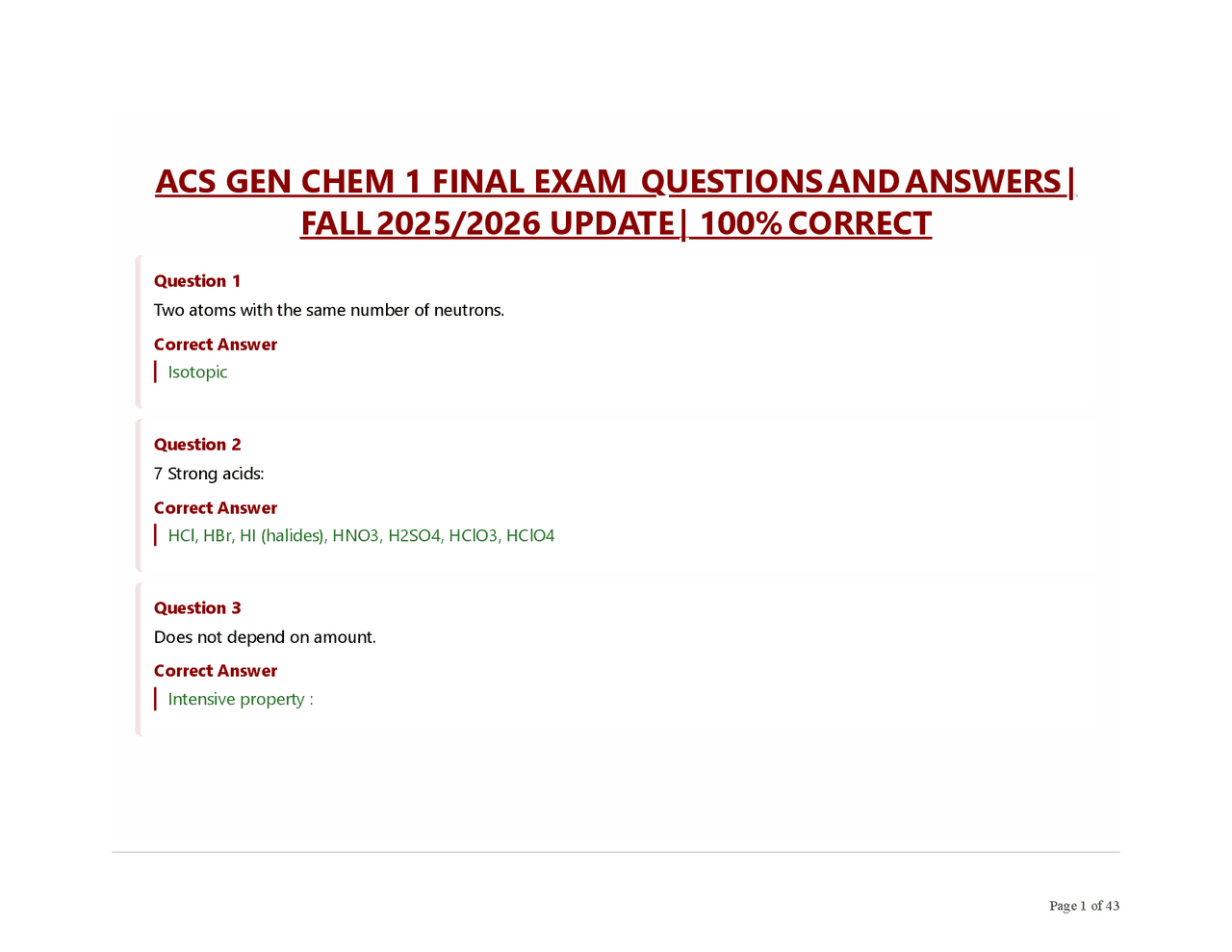 ACS GEN CHEM 1 FINAL EXAM QUESTIONS AND ANSWERS FALL 2025-2026 UPDATE ...