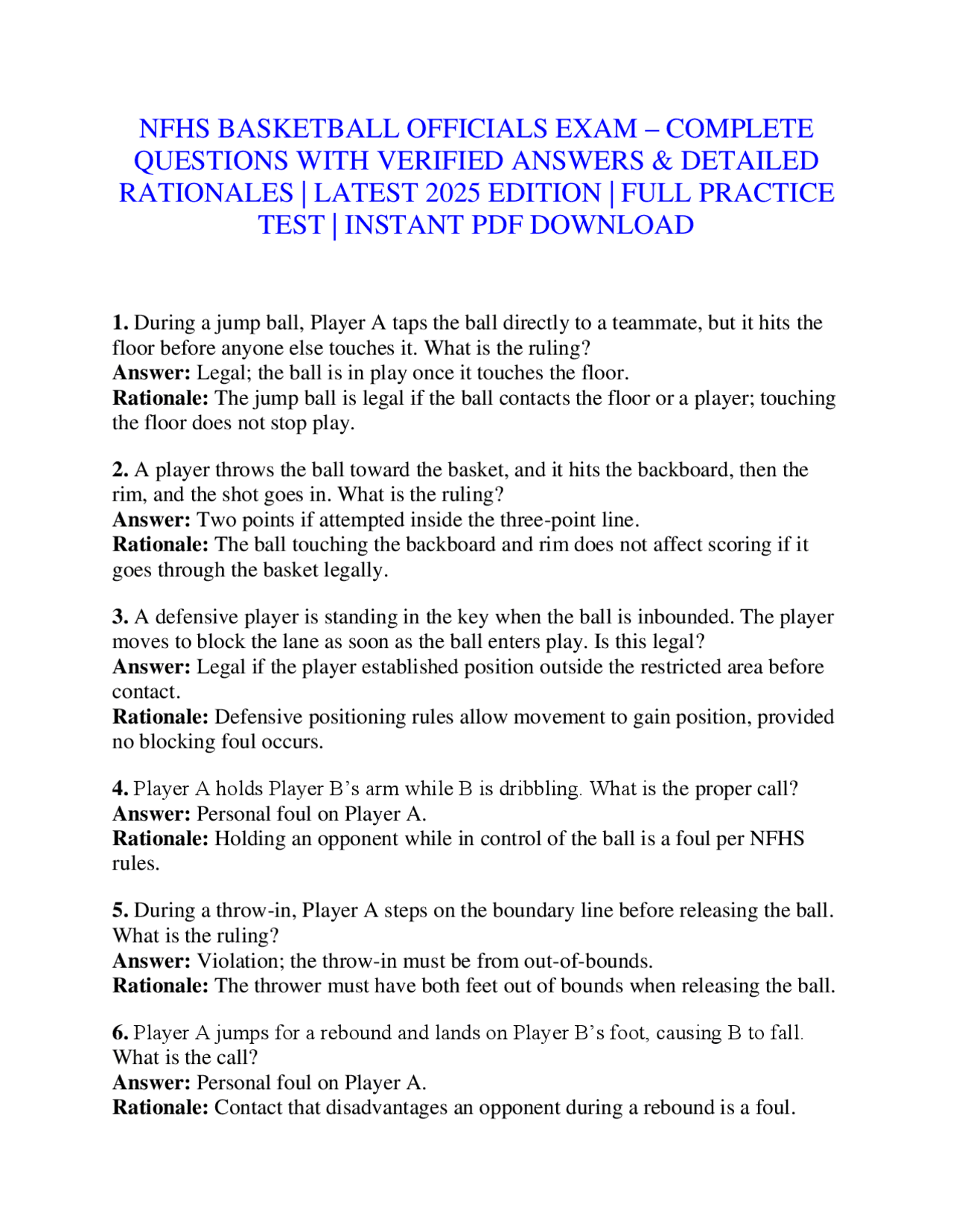 NFHS BASKETBALL OFFICIALS EXAM – COMPLETE QUESTIONS WITH VERIFIED ...