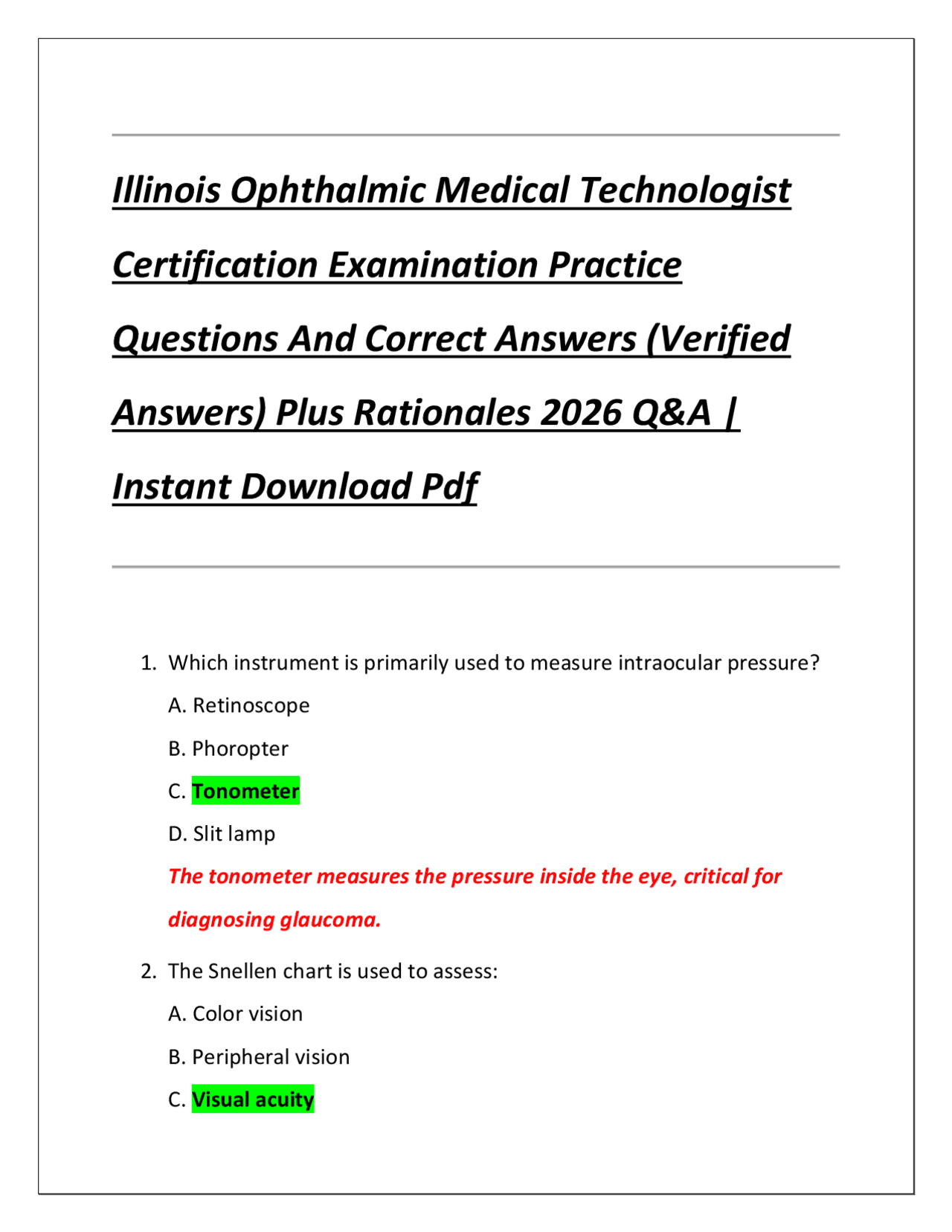 Illinois Ophthalmic Medical Technologist Certification Examination ...