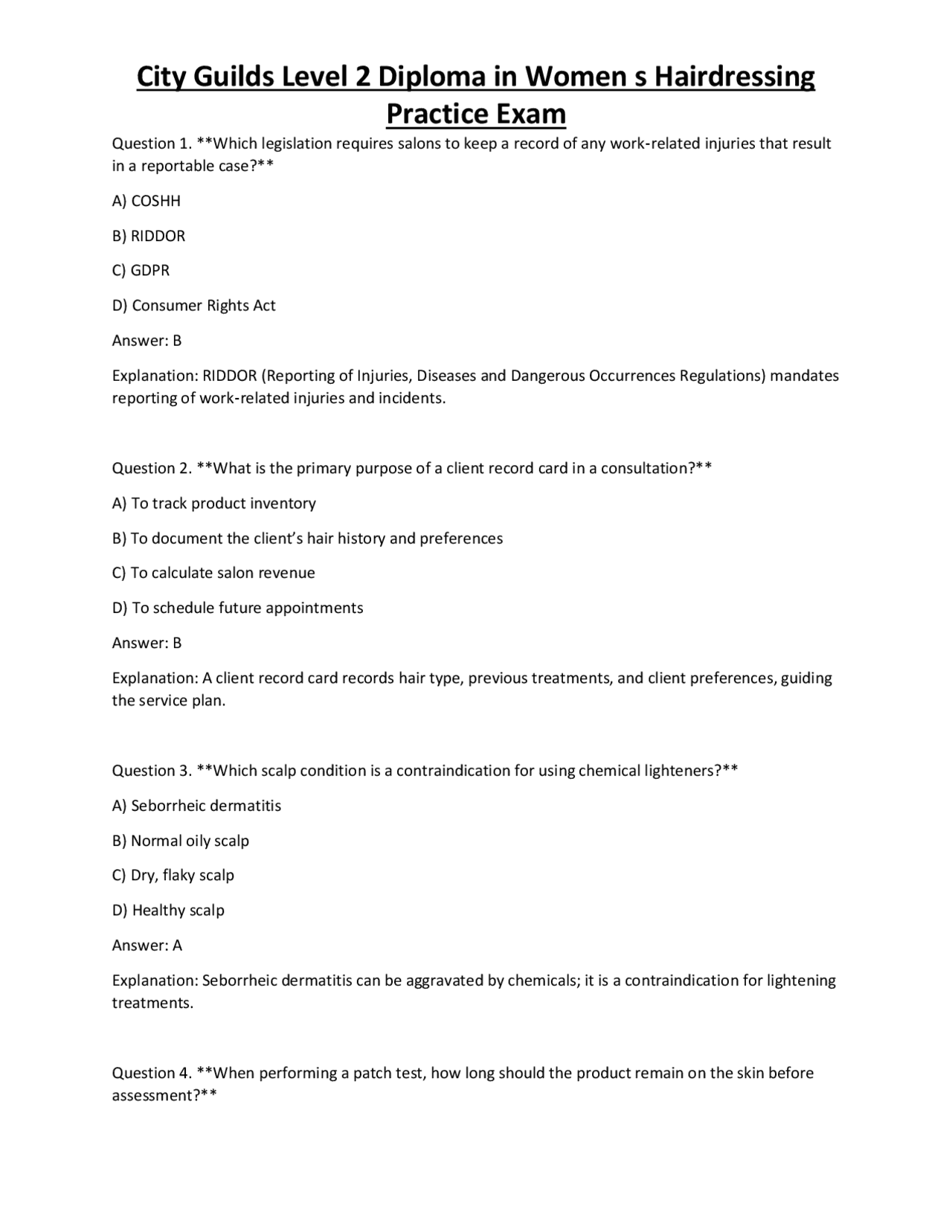 City Guilds Level 2 Diploma in Women s Hairdressing Practice Exam ...