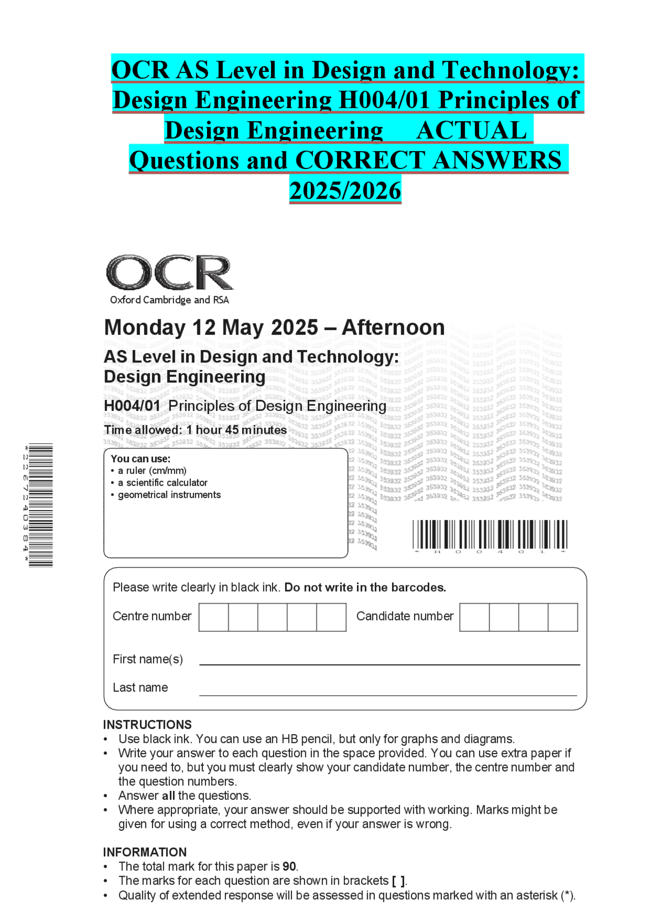 Design Engineering Principles AS Level Exam Questions and Answers 2025/ ...