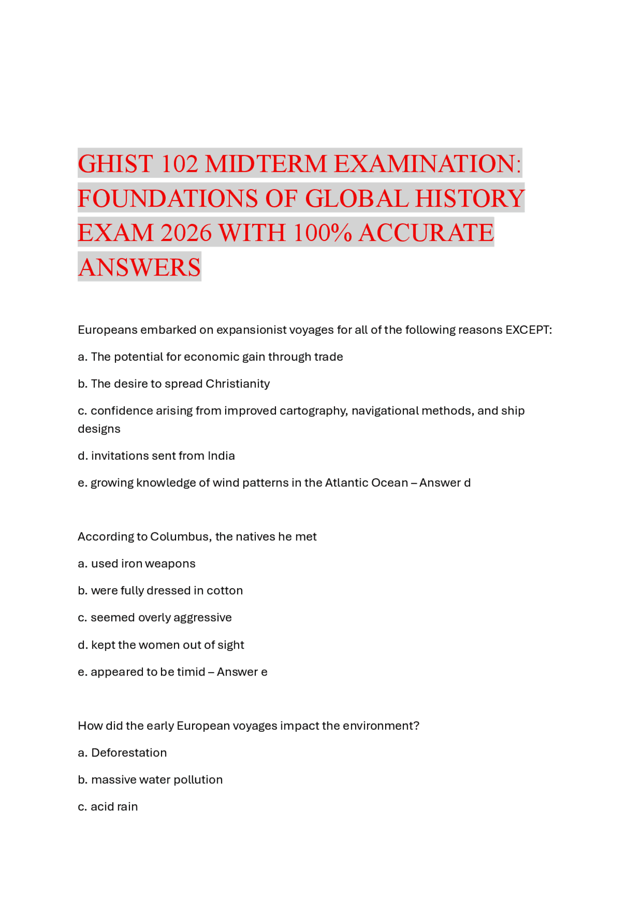Global History Midterm Exam 2026 with Answers | Exams Nursing | Docsity