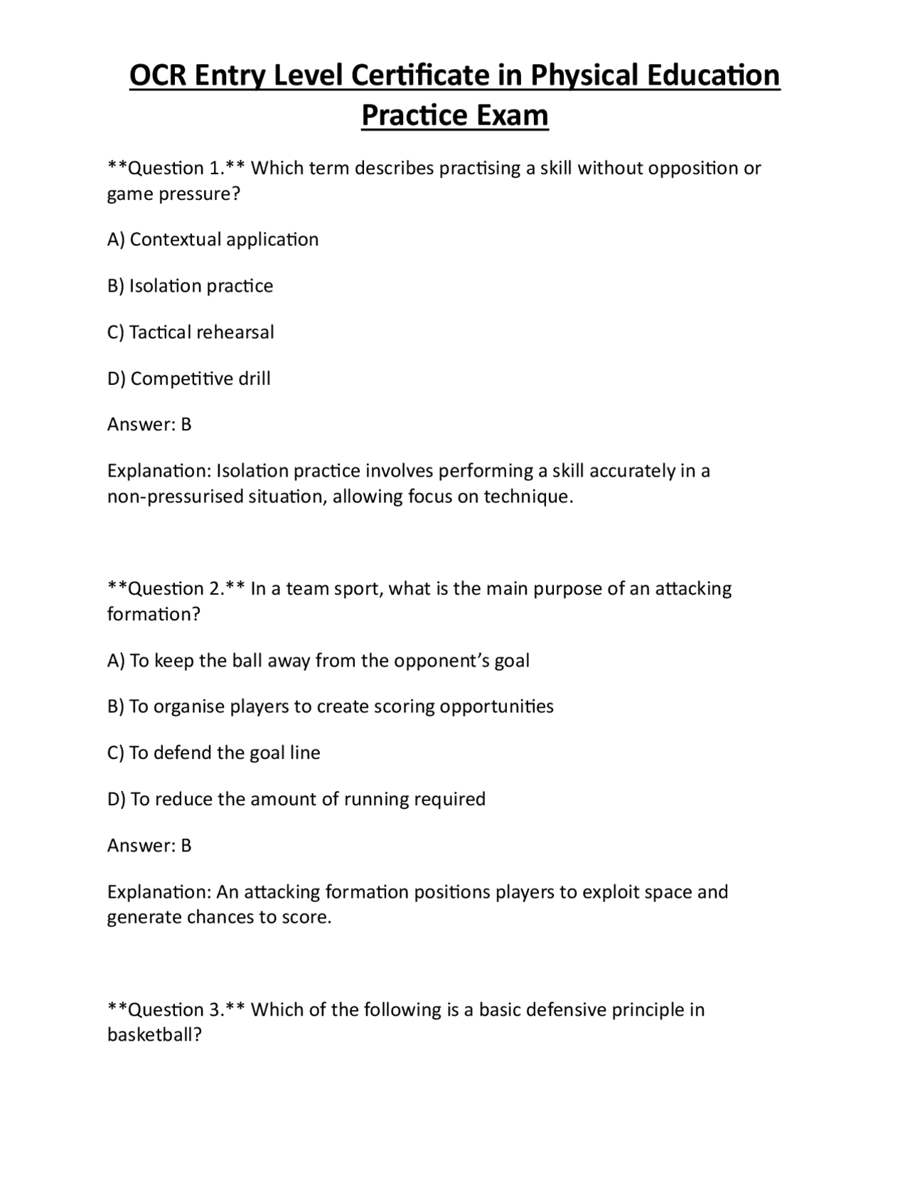 OCR Entry Level Certificate in Physical Education Practice Exam | Exams ...