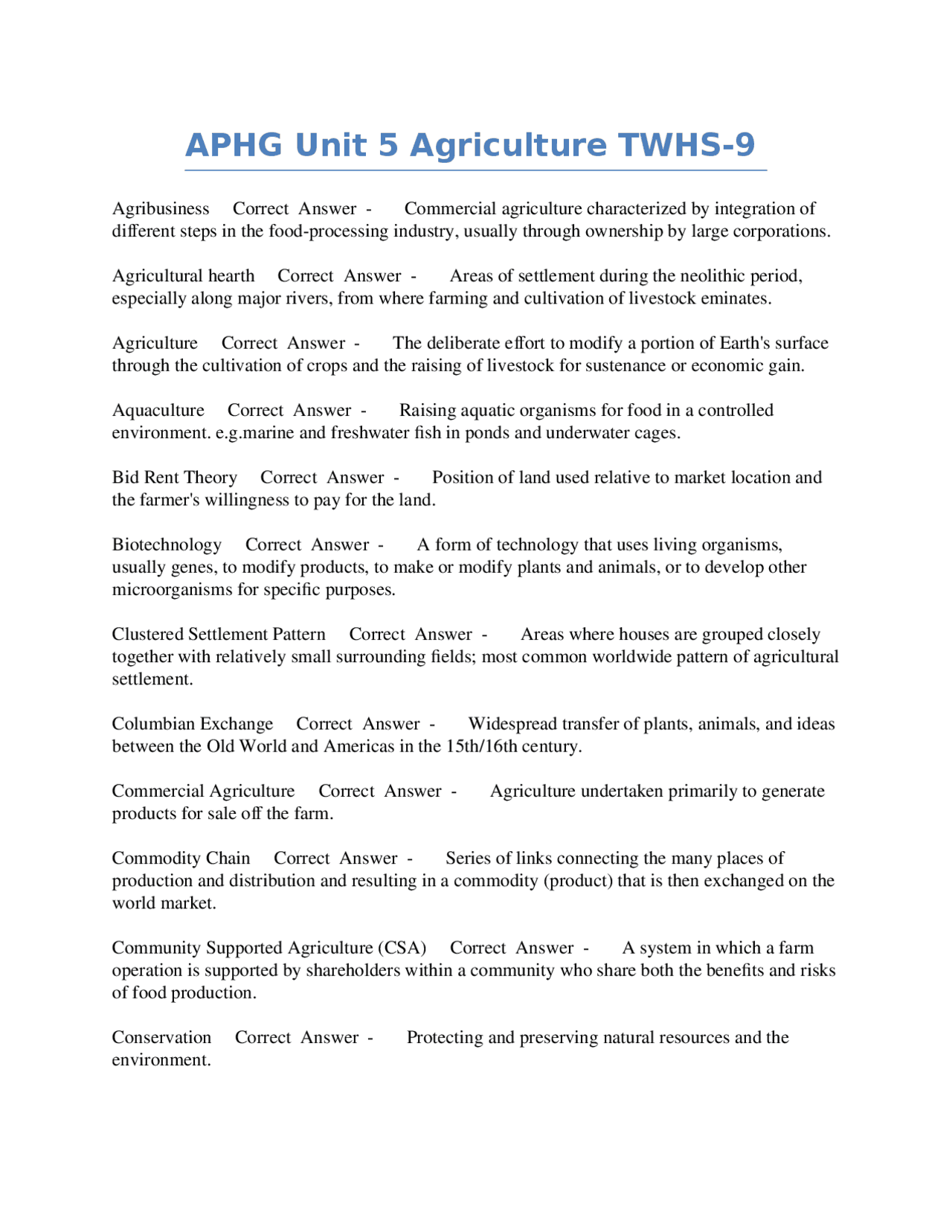 Key Agriculture Terms and Definitions: APHG Unit 5 Study Guide | Exams ...