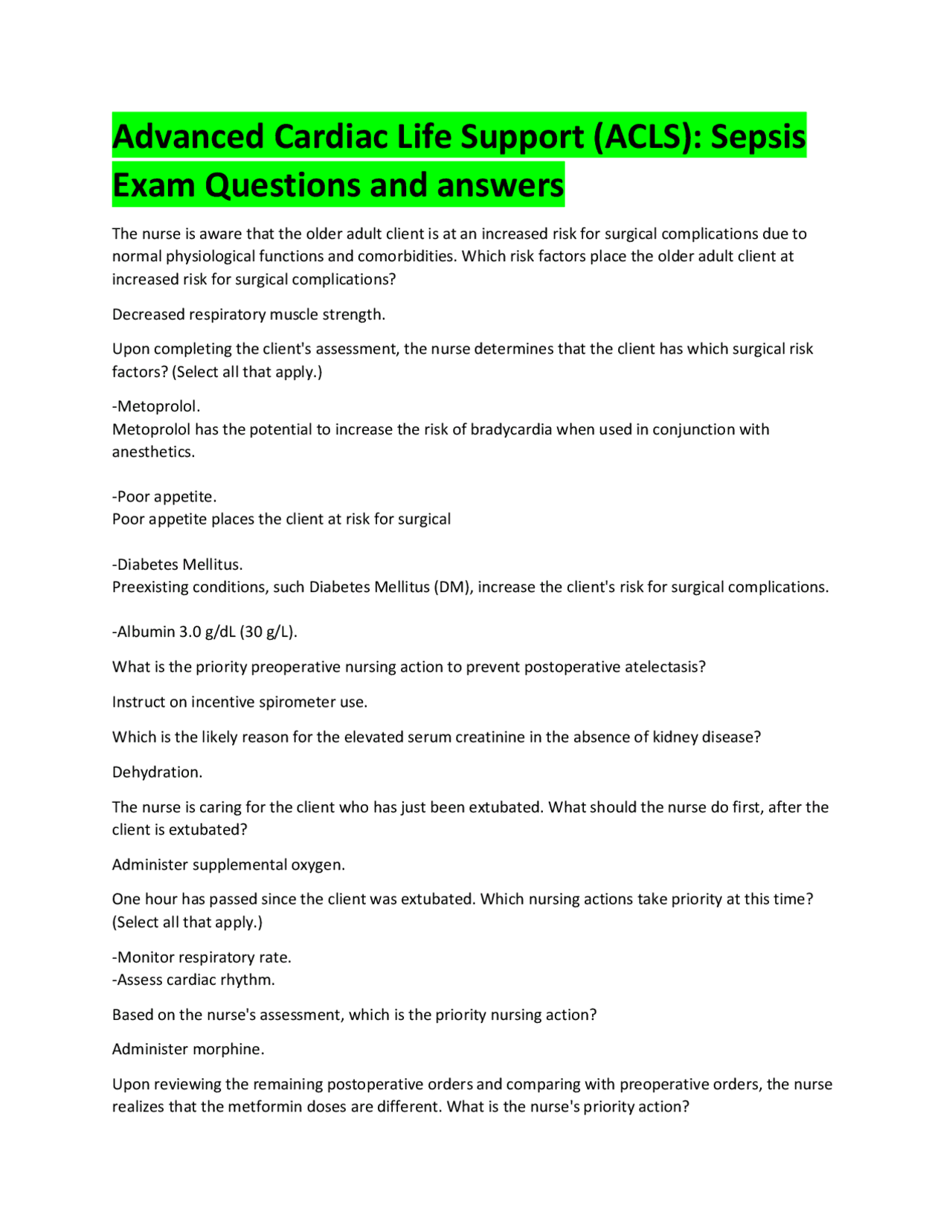 Advanced Cardiac Life Support (ACLS): Sepsis Exam Questions and answers ...