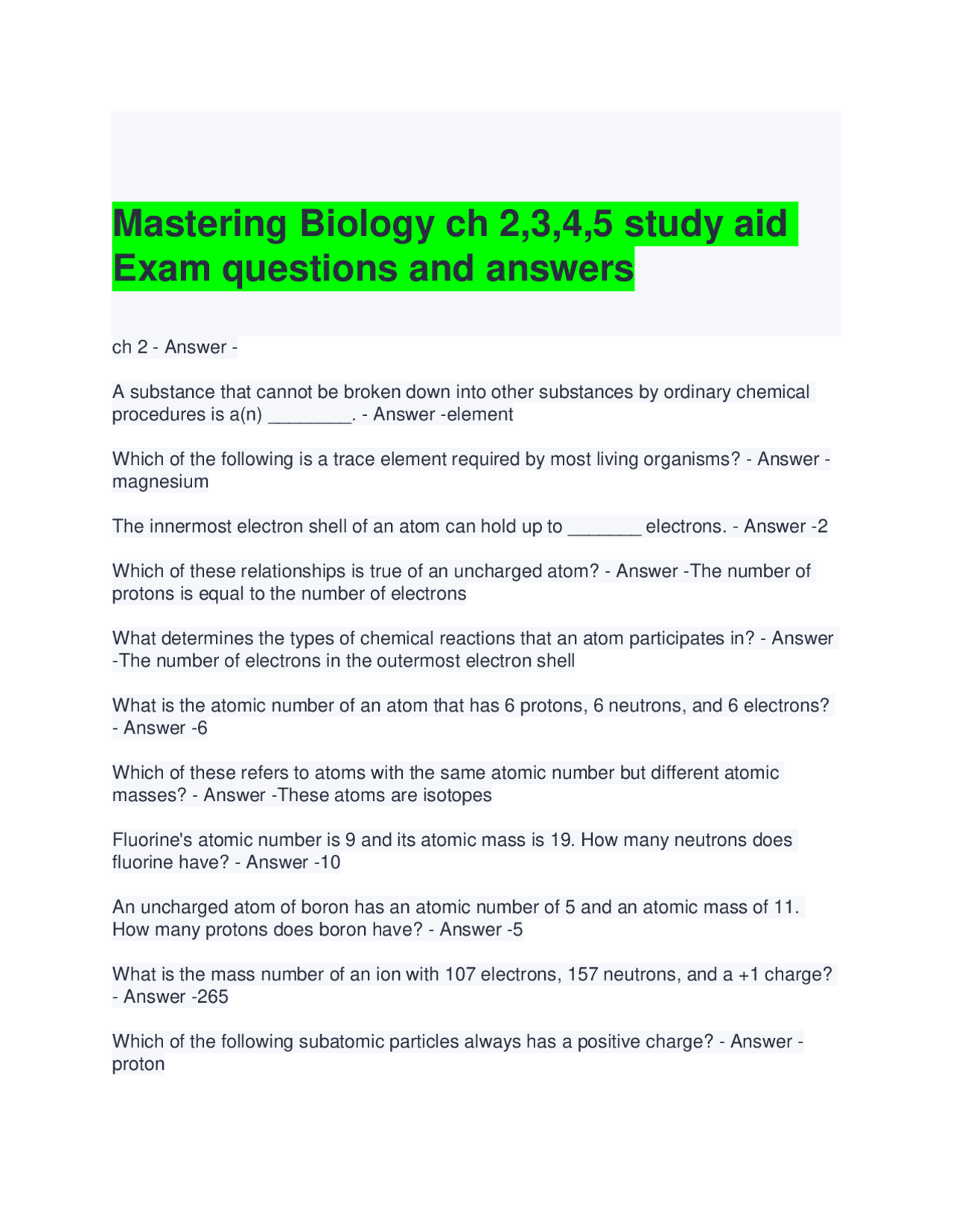 Biology Exam Questions and Answers: Mastering Chapters 2, 3, 4, and 5 ...