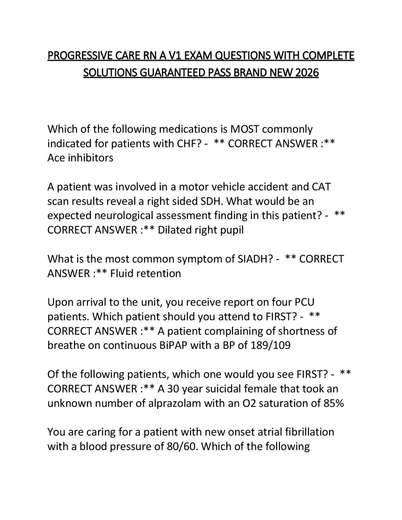 PROGRESSIVE CARE RN A V1 EXAM QUESTIONS WITH COMPLETE SOLUTIONS ...