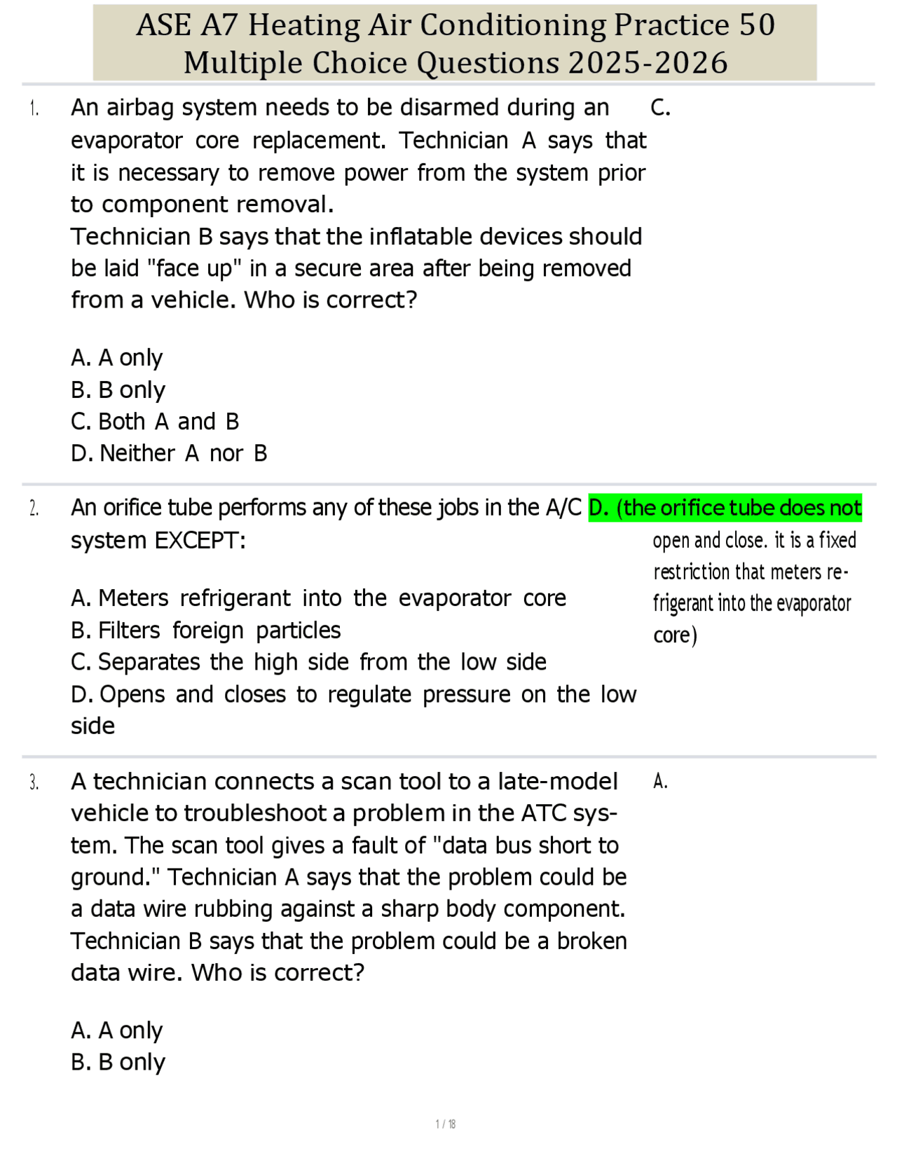 ASE A7 Heating Air Conditioning Practice 50 Multiple Choice Questions ...