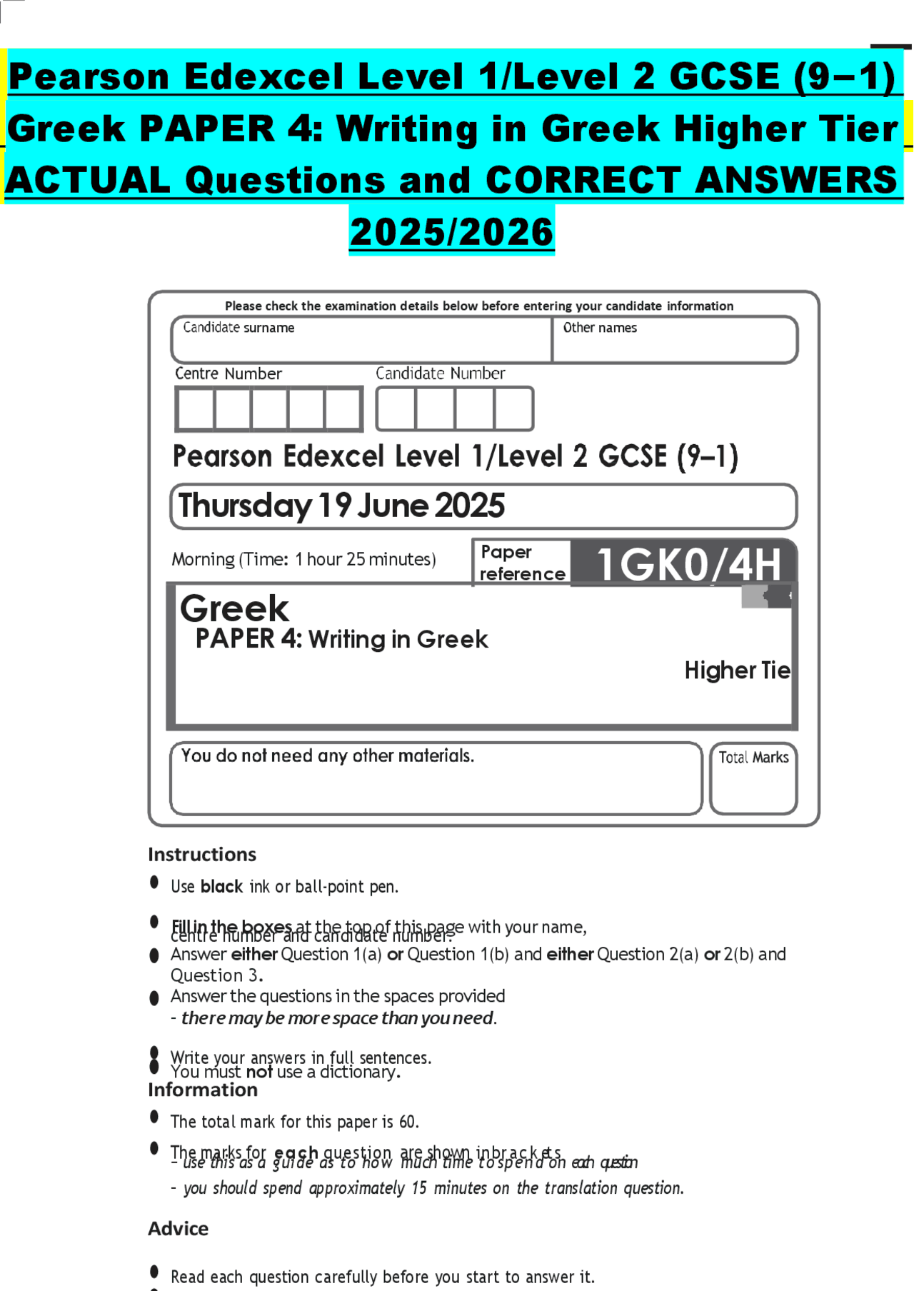 Pearson Edexcel Level 1/Level 2 GCSE (9–1) Greek PAPER 4: Writing in ...