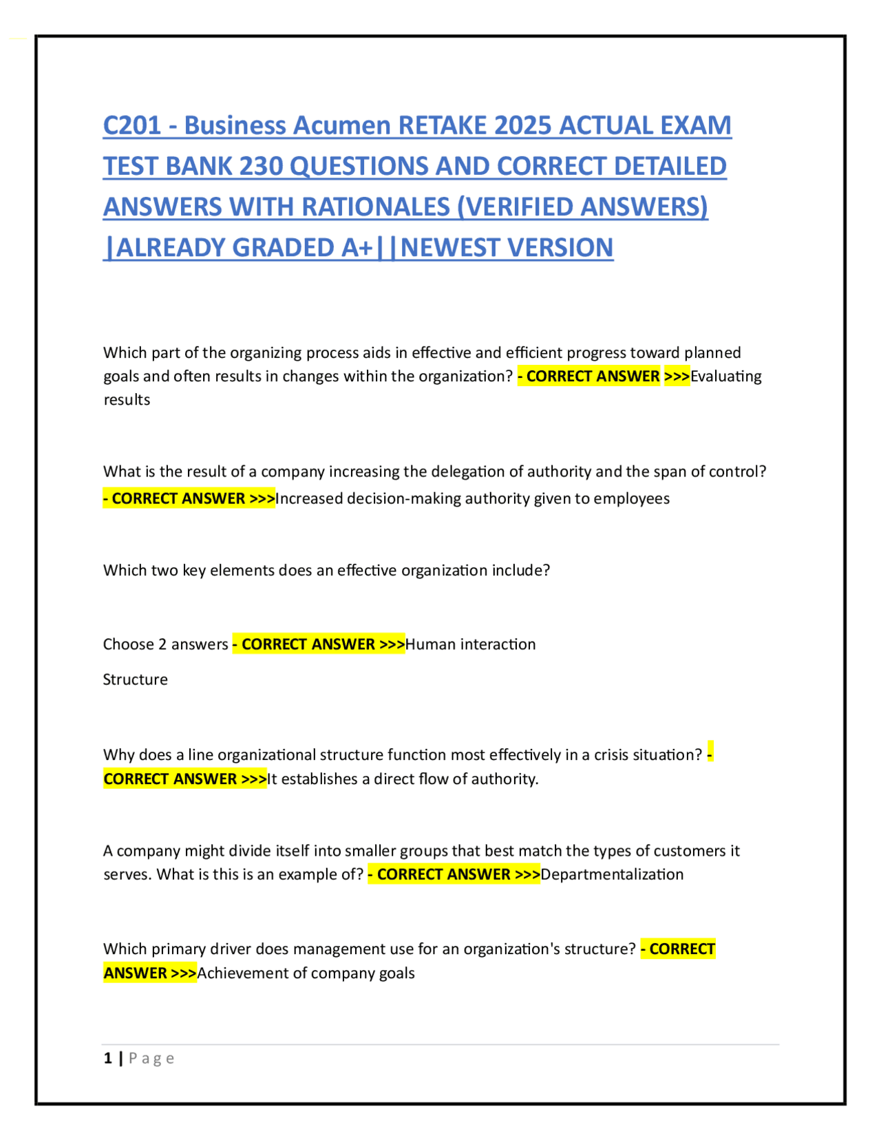 C201 - Business Acumen RETAKE 2025 ACTUAL EXAM TEST BANK 230 QUESTIONS ...