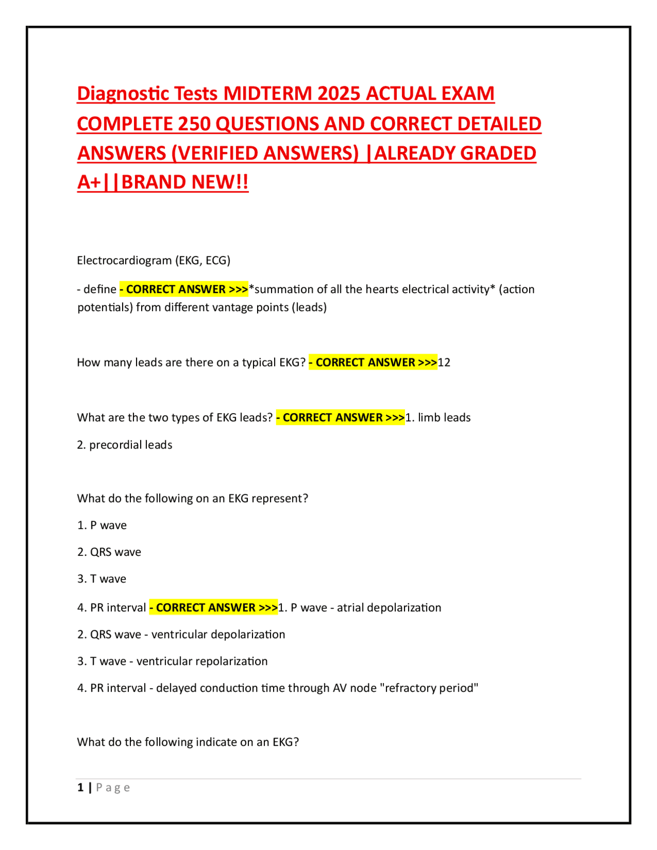 Diagnostic Tests MIDTERM 2025 ACTUAL EXAM COMPLETE 250 QUESTIONS AND ...