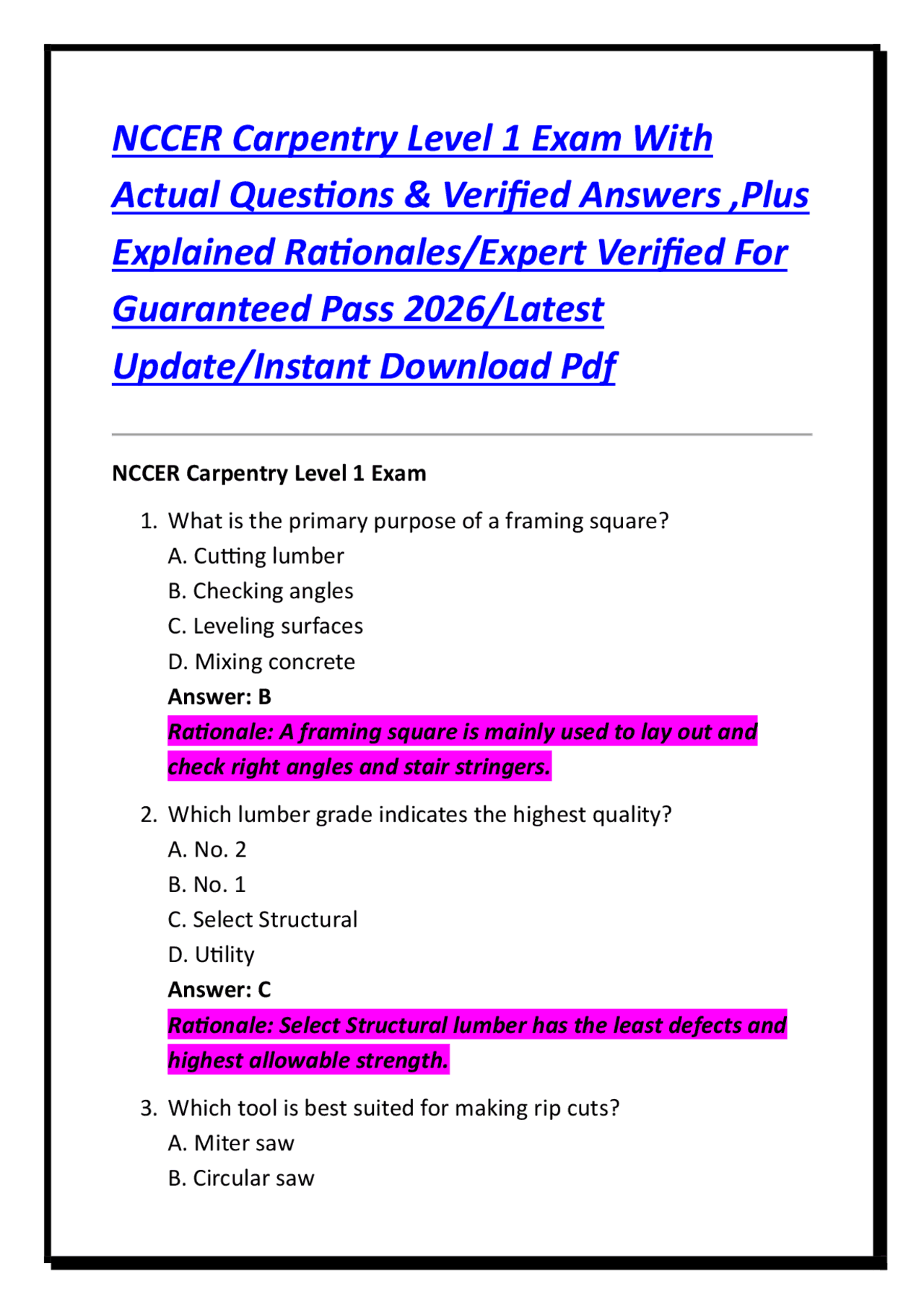 NCCER Carpentry Level 1 Exam With Actual Questions & Verified Answers ...
