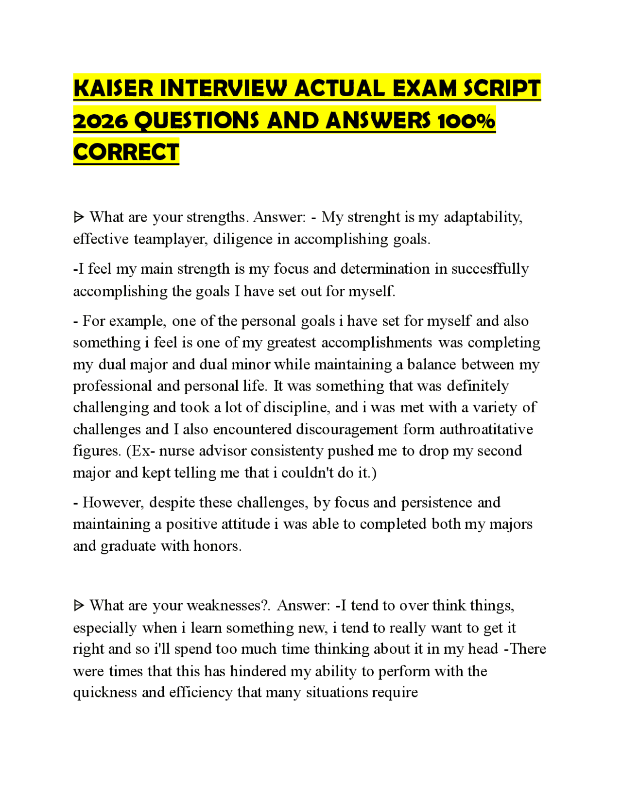 KAISER INTERVIEW ACTUAL EXAM SCRIPT 2026 QUESTIONS AND ANSWERS 100% ...