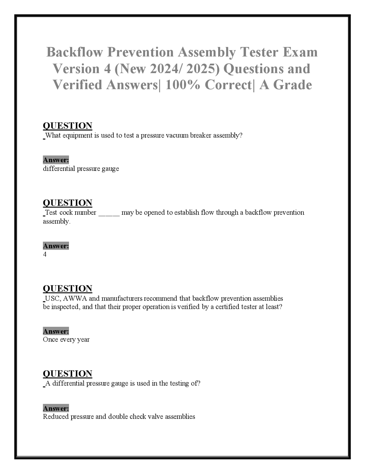 Backflow Prevention Assembly Tester Exam Version 4 (New 2025) Questions ...