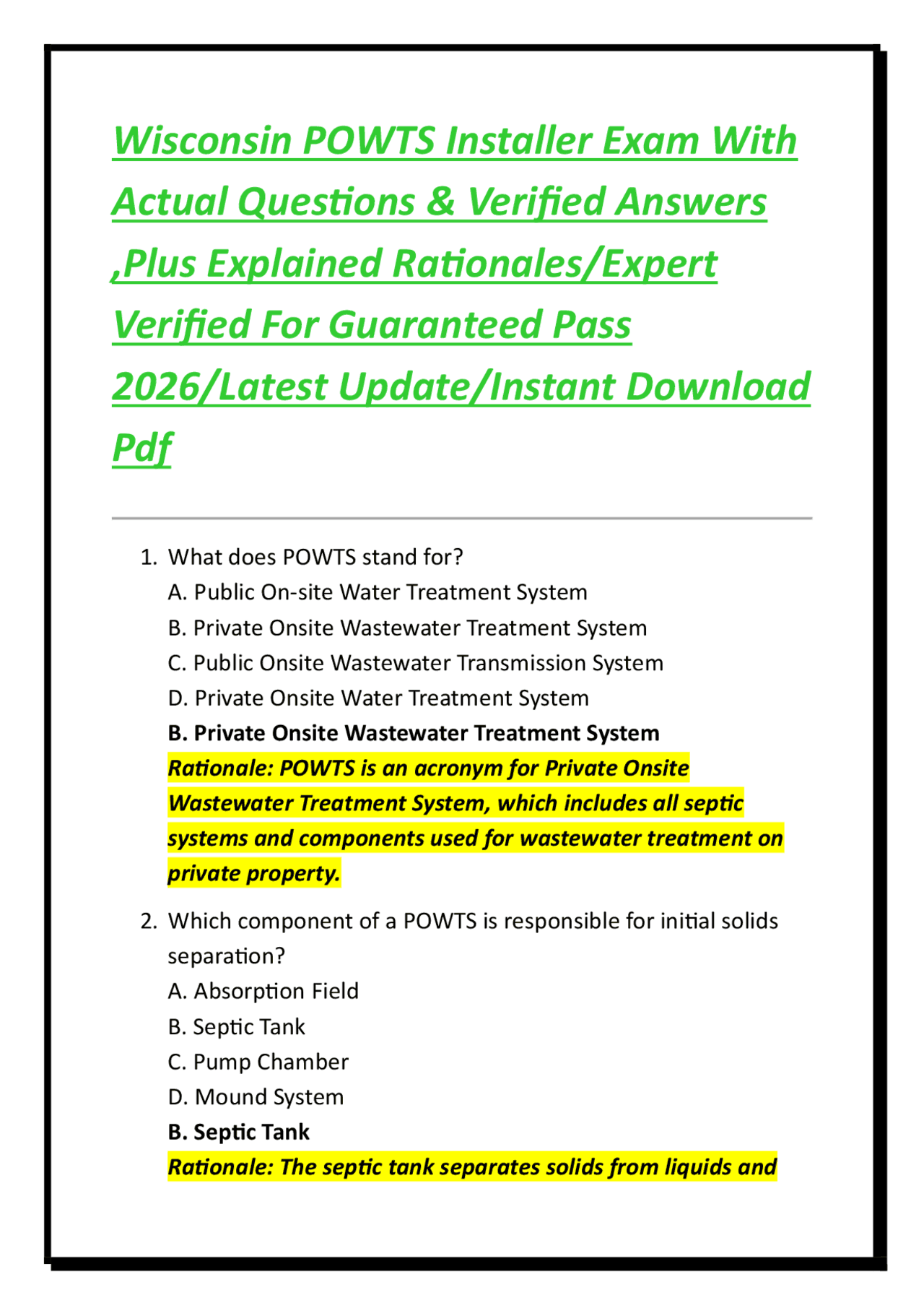 Wisconsin POWTS Installer Exam With Actual Questions & Verified Answers ...