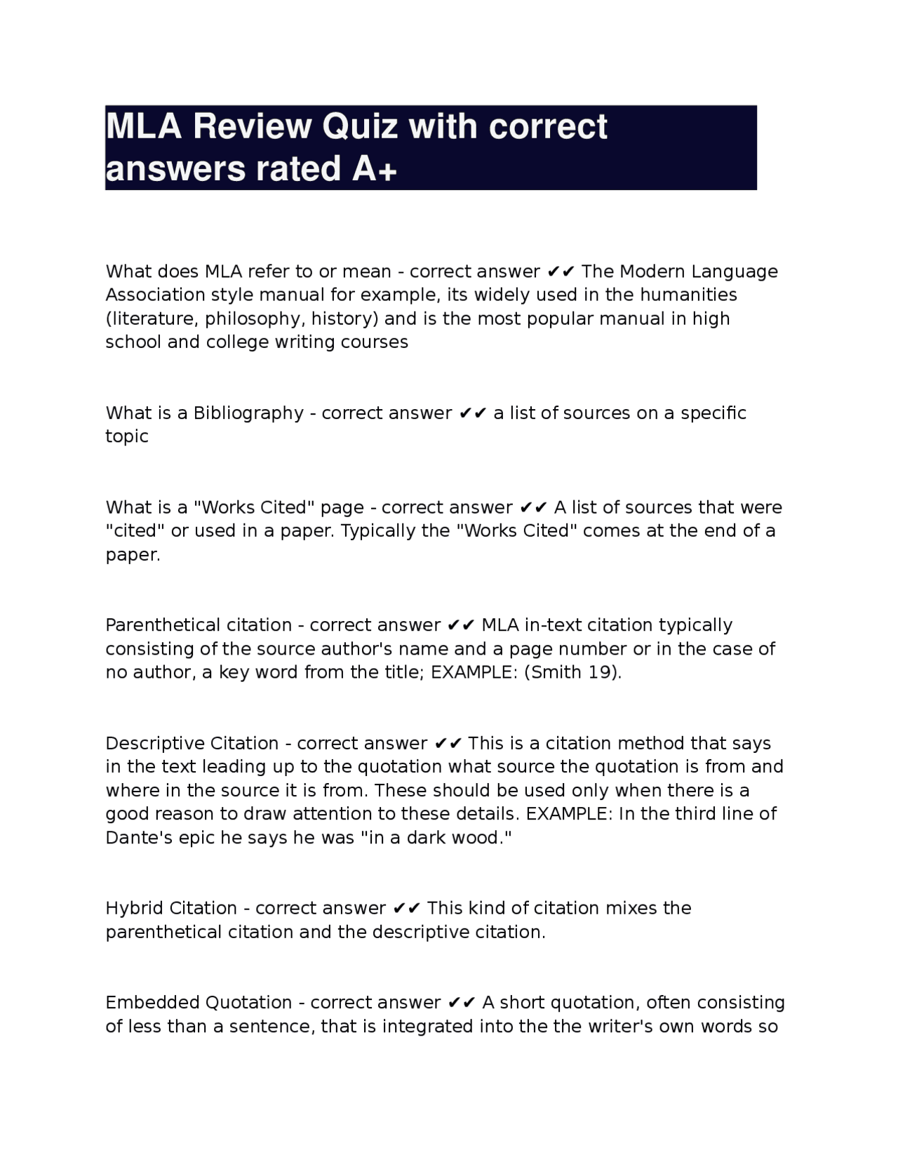 MLA Review Quiz with correct answers rated A+-5.docx | Exams Nursing ...