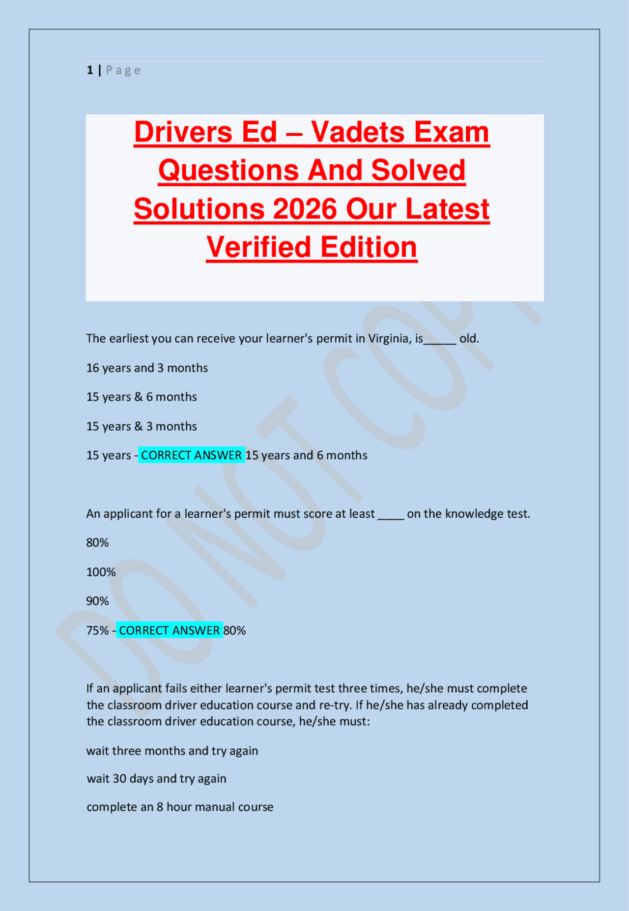 Driver's Education Exam Questions and Solutions: Virginia DMV Practice ...