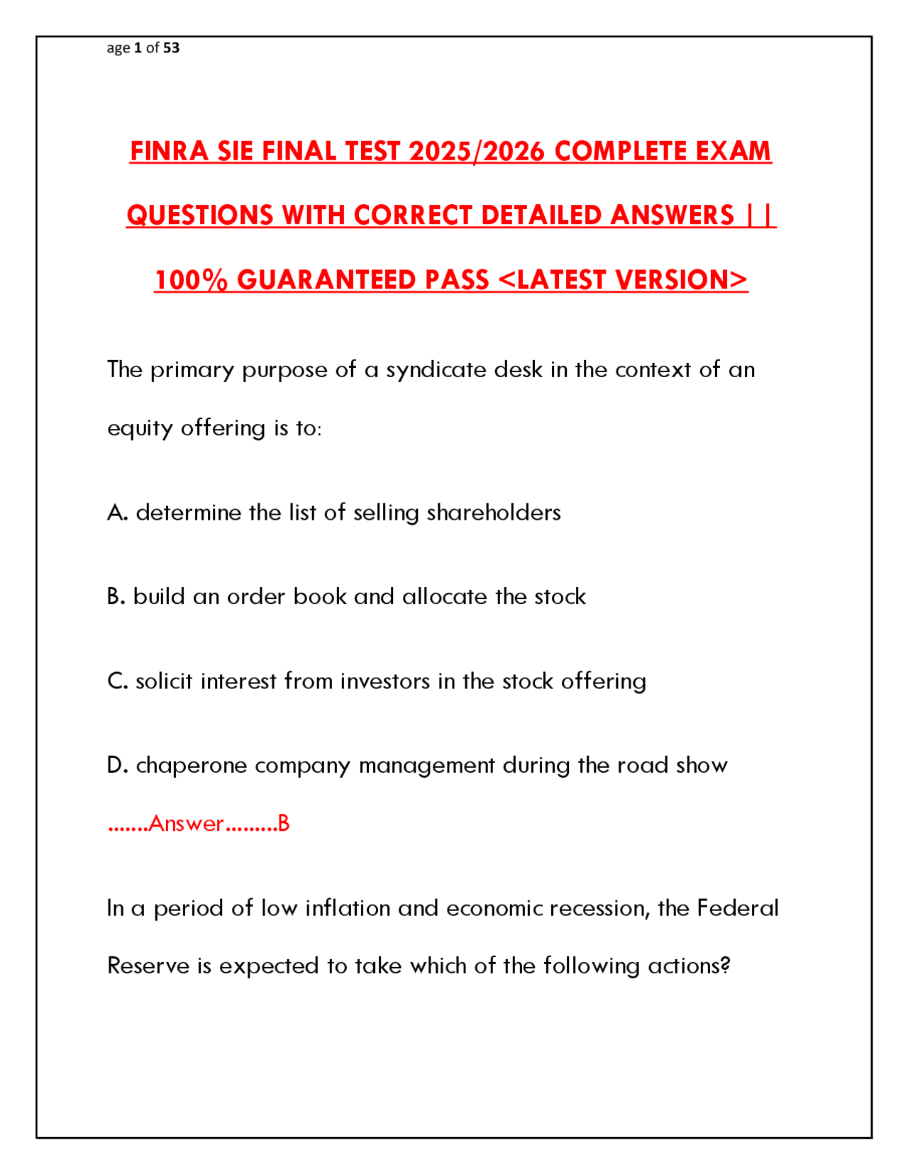 FINRA SIE Exam Practice Questions and Answers 2025/2026 | Exams ...