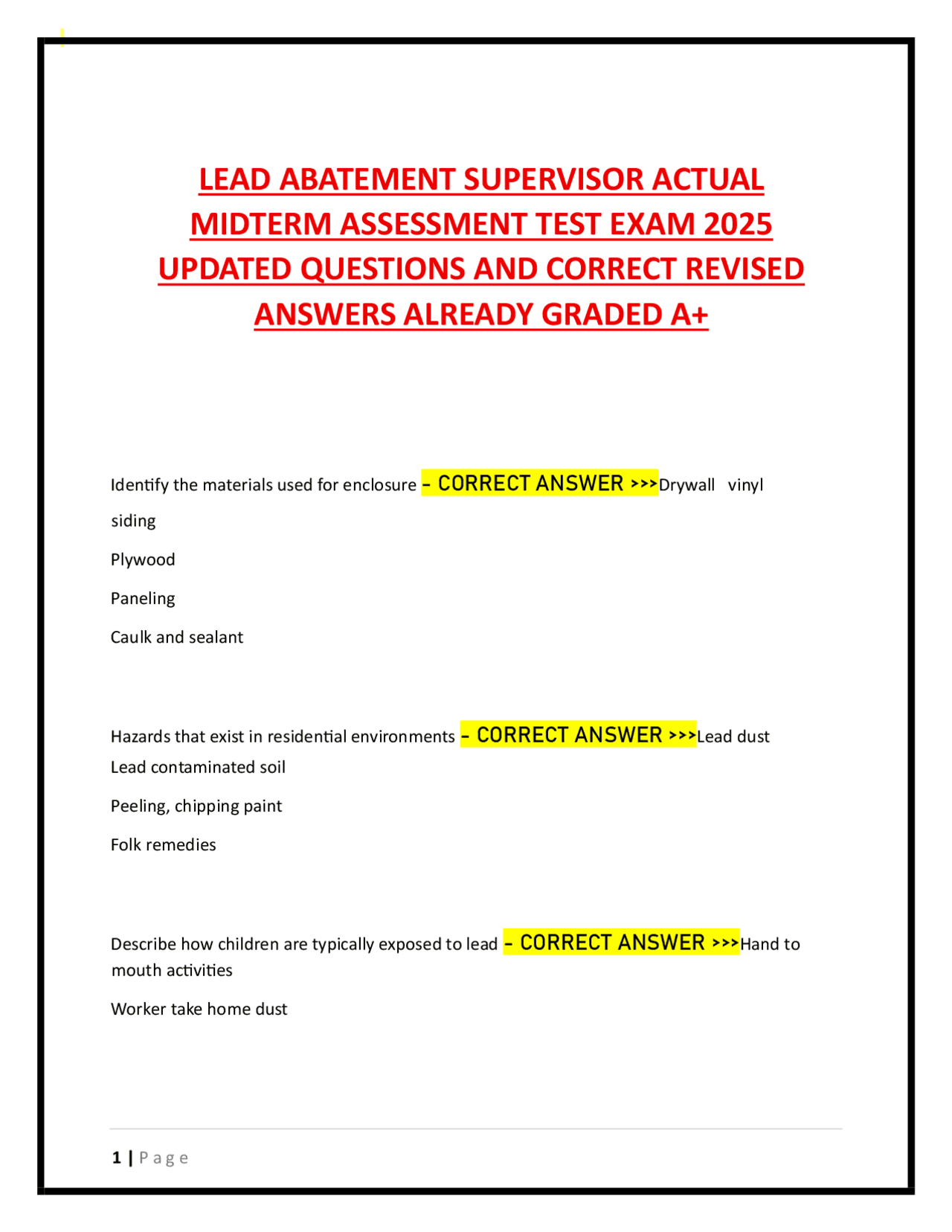 Lead Abatement Supervisor Exam Questions and Answers | Exams Nursing ...