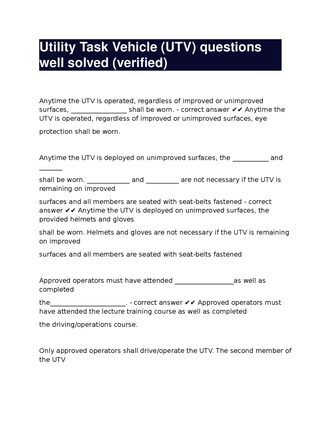 UTV Operation and Safety Procedures: Q&A Guide | Exams Nursing | Docsity