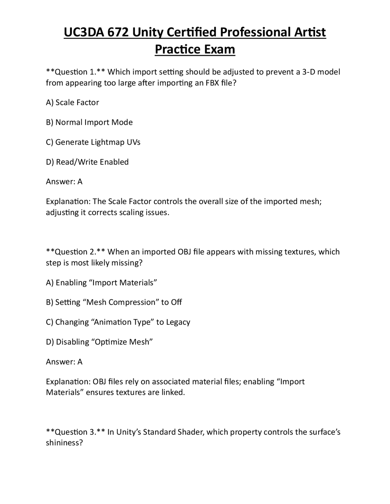 UC3DA 672 Unity Certified Professional Artist Practice Exam | Exams ...