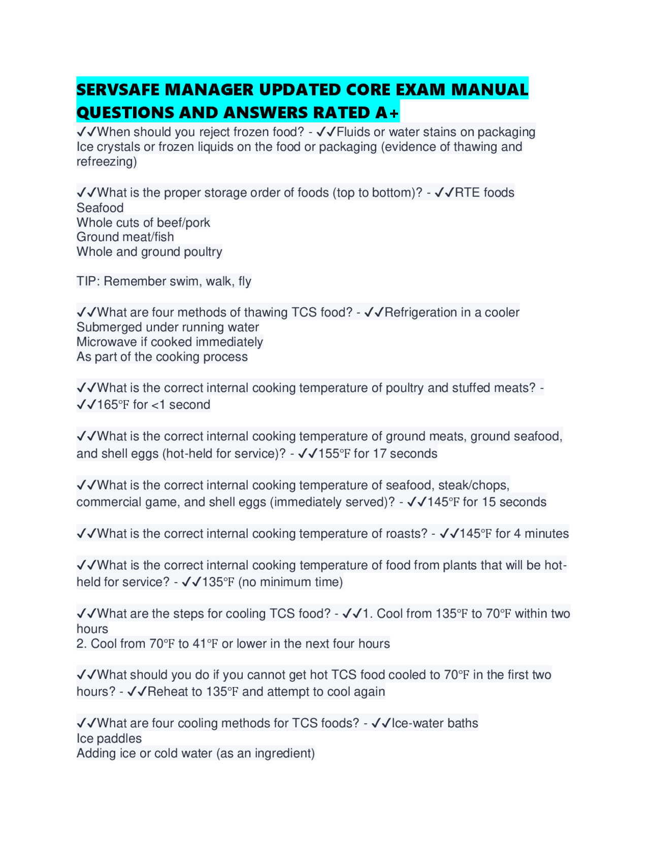 SERVSAFE MANAGER UPDATED CORE EXAM MANUAL QUESTIONS AND ANSWERS RATED ...