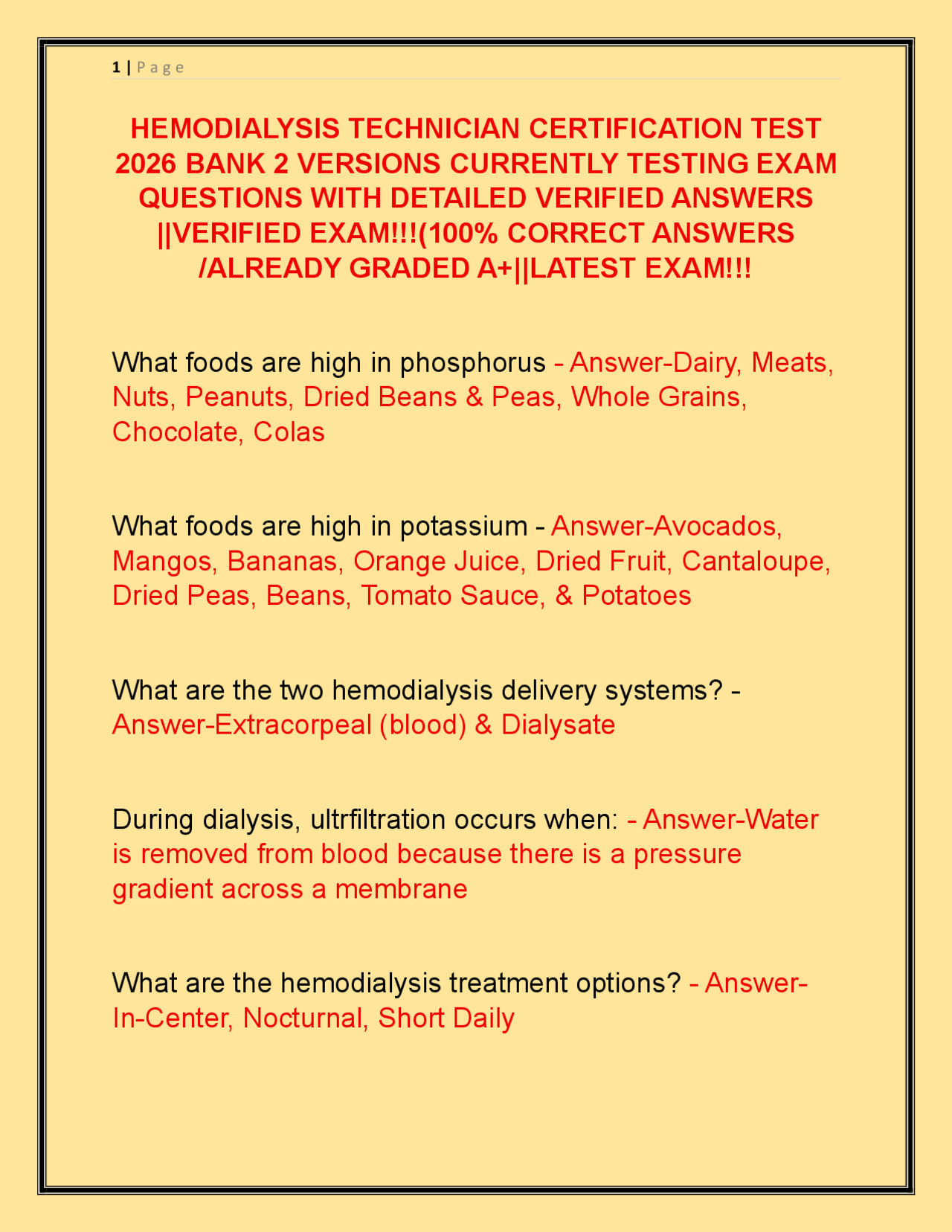 HEMODIALYSIS TECHNICIAN CERTIFICATION TEST 2026 BANK 2 VERSIONS ...