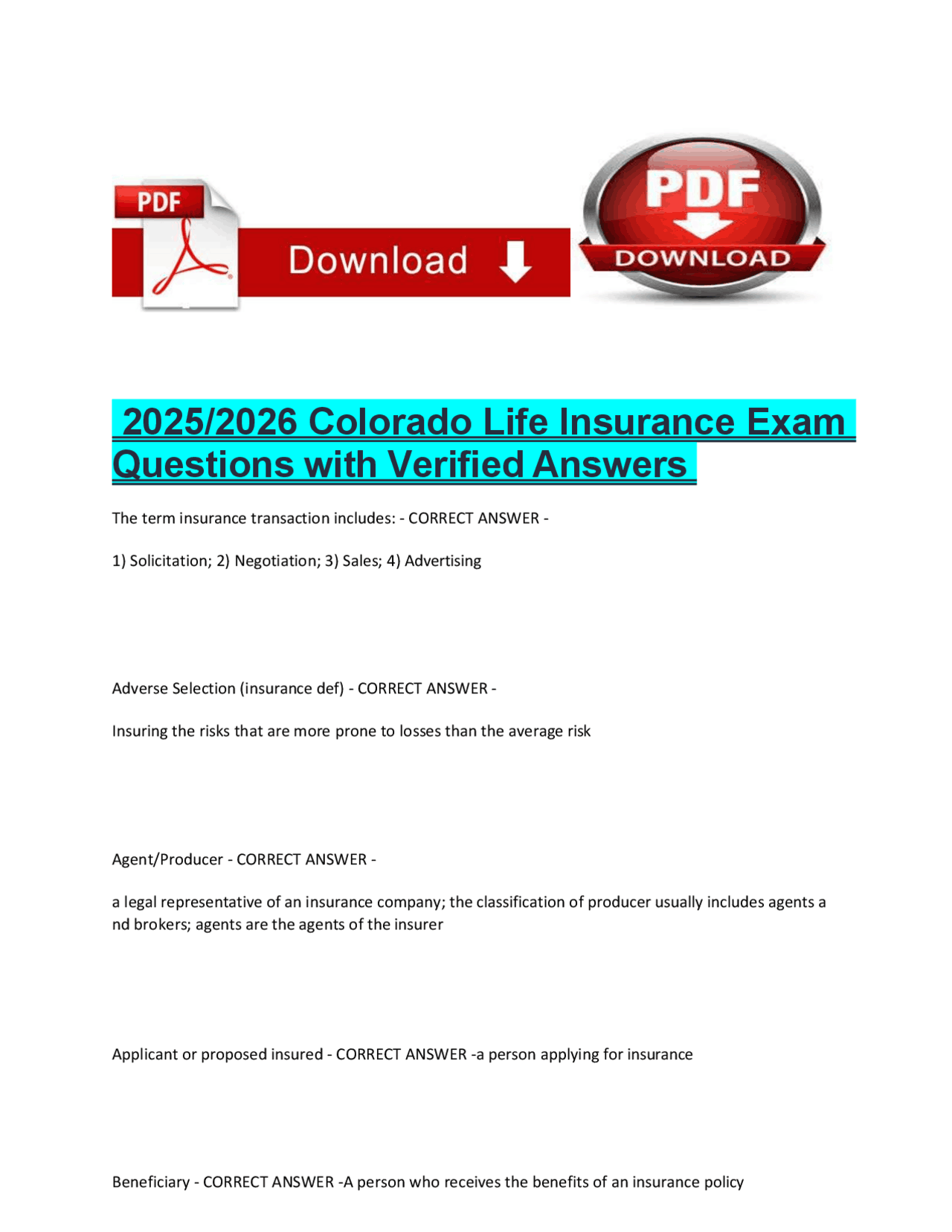 2025-2026 Colorado Life Insurance Exam Questions with Verified Answers ...