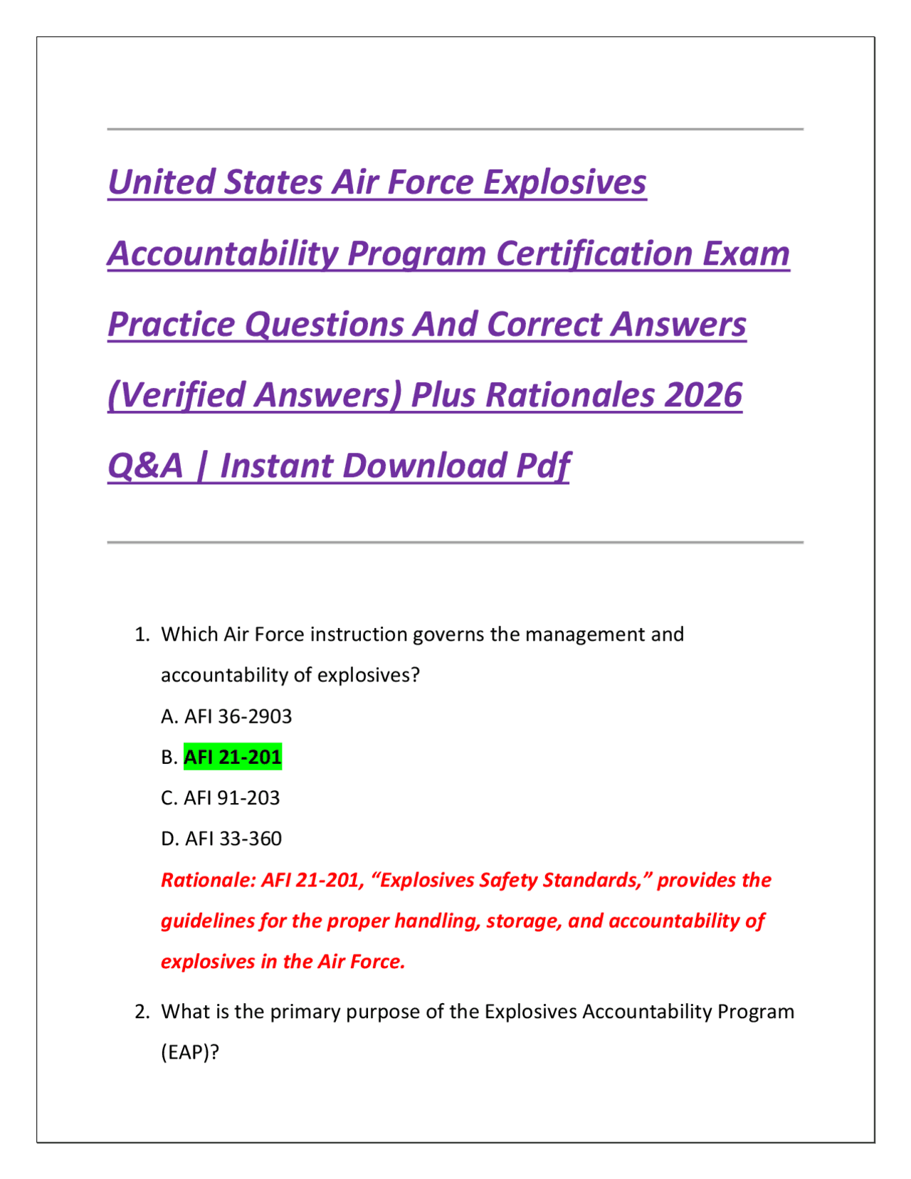 USAF Explosives Accountability Program Certification Exam Practice ...