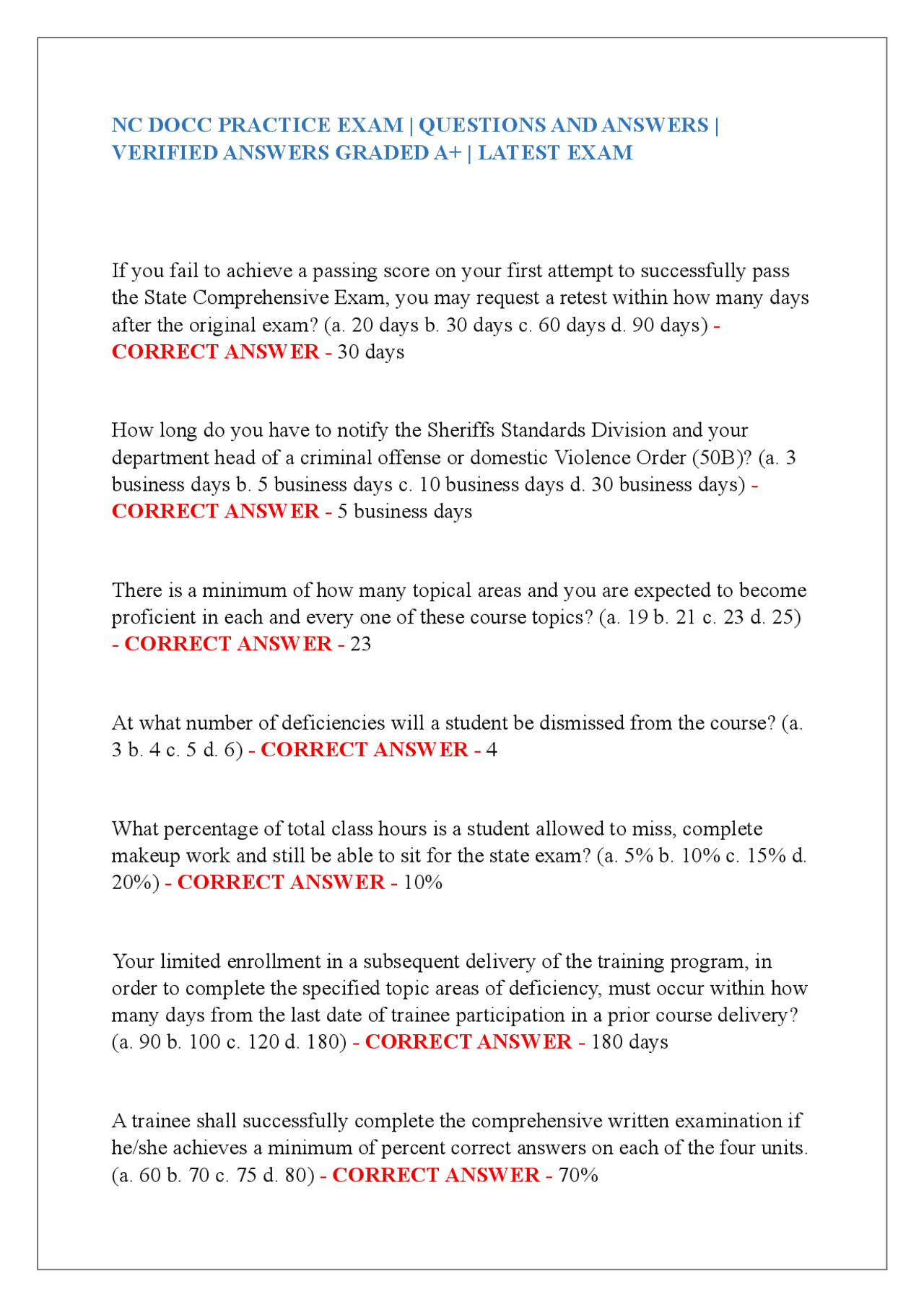 NC DOCC Practice Exam: Questions and Answers | Exams Law | Docsity