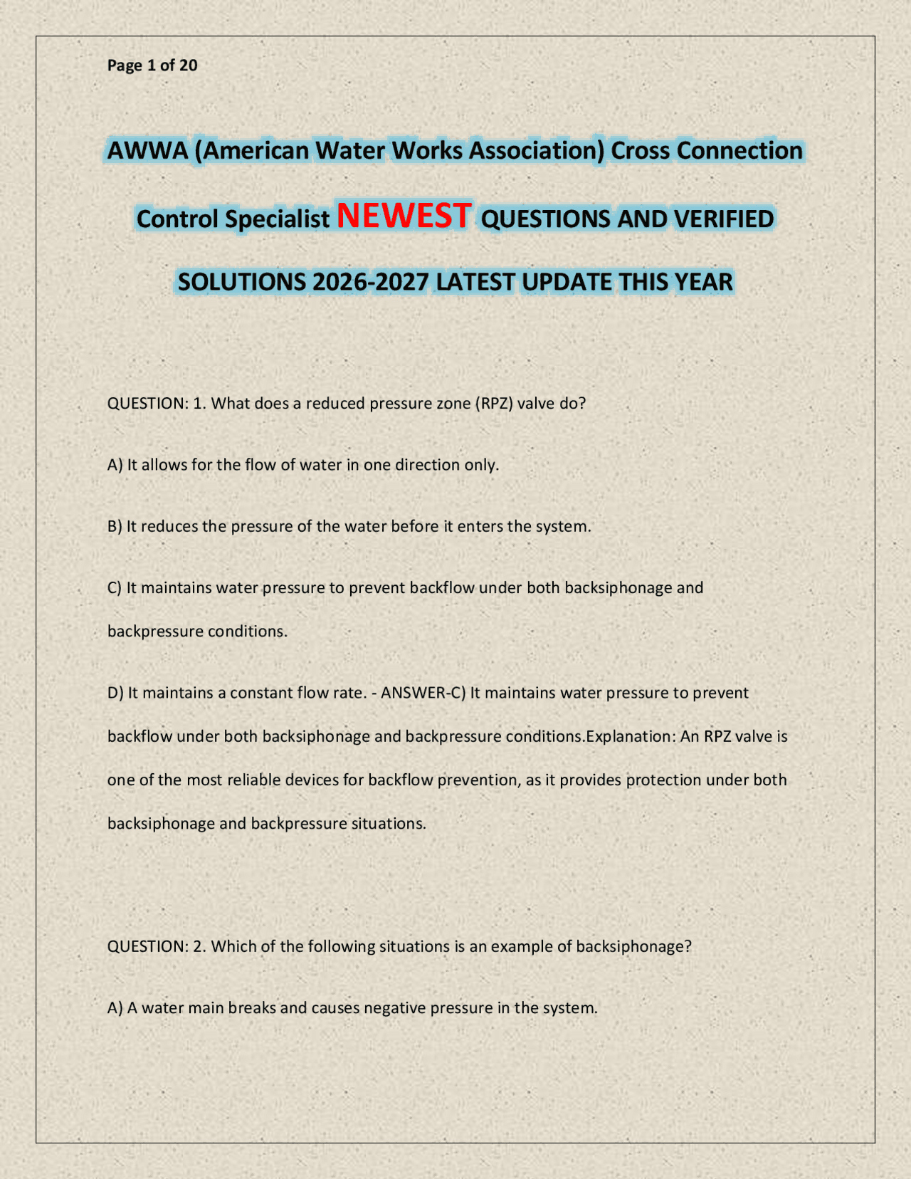AWWA (American Water Works Association) Cross Connection Control ...