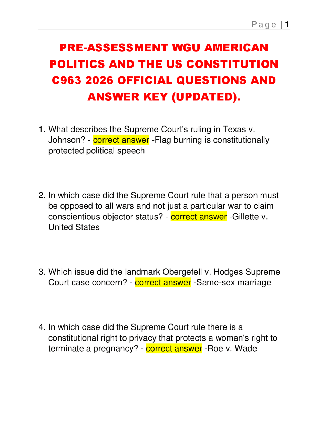 PRE-ASSESSMENT WGU AMERICAN POLITICS AND THE US CONSTITUTION C963 2026 ...