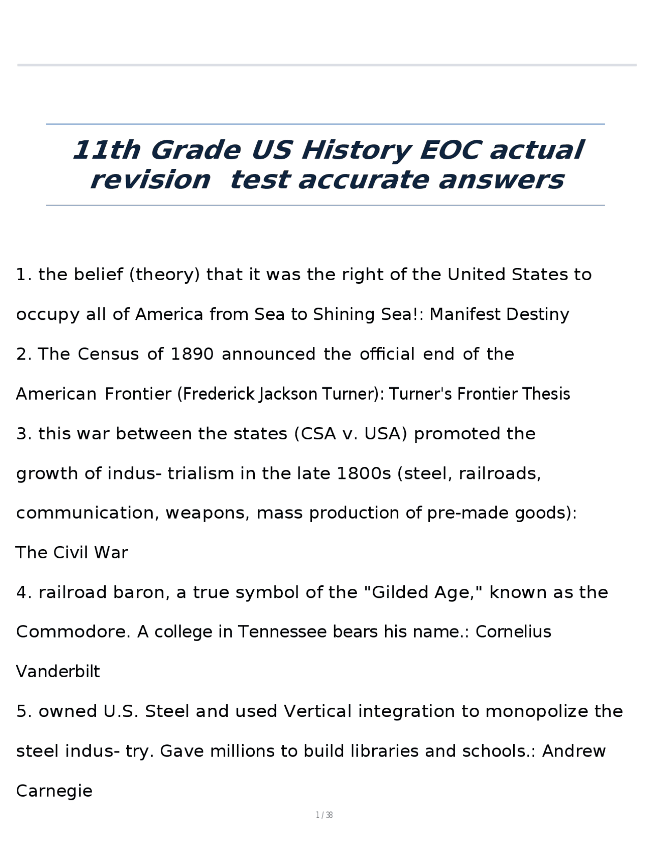 11th Grade US History EOC actual revision test accurate answers | Exams ...