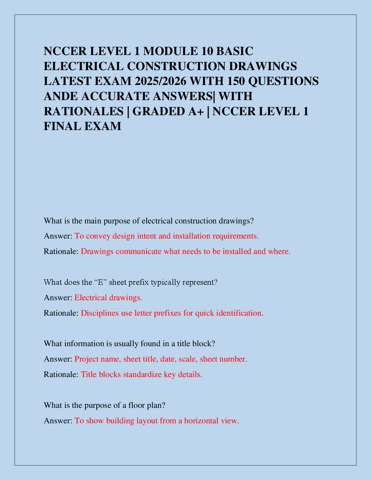 NCCER LEVEL 1 MODULE 10 BASIC ELECTRICAL CONSTRUCTION DRAWINGS LATEST ...