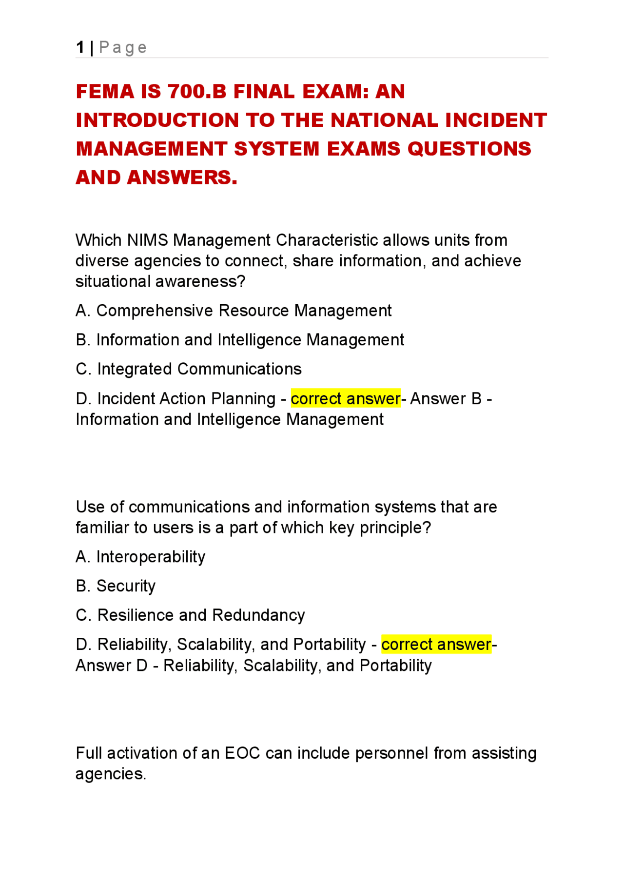 FEMA IS 700.B FINAL EXAM: AN INTRODUCTION TO THE NATIONAL INCIDENT ...