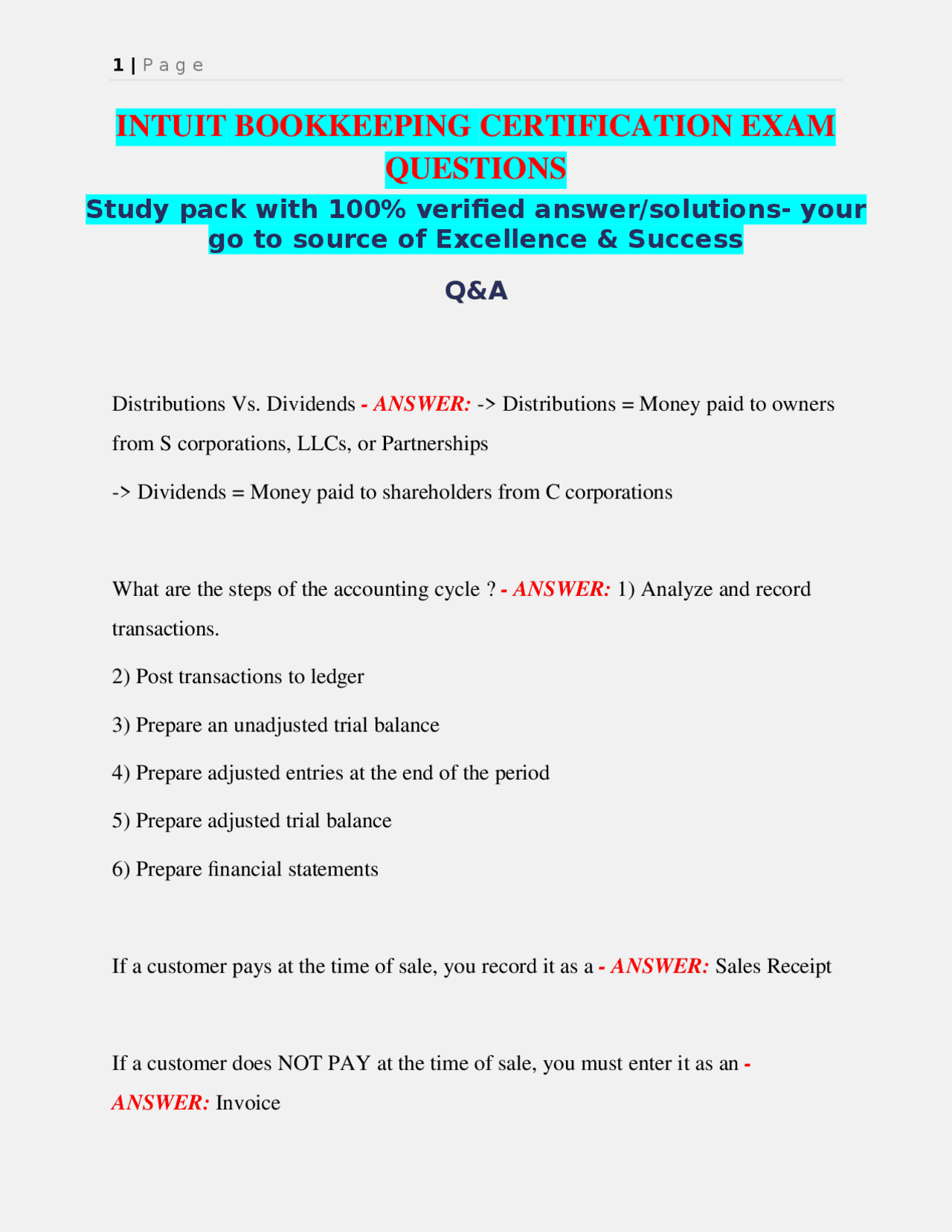 INTUIT BOOKKEEPING CERTIFICATION EXAM QUESTIONS Study pack with 100% ...