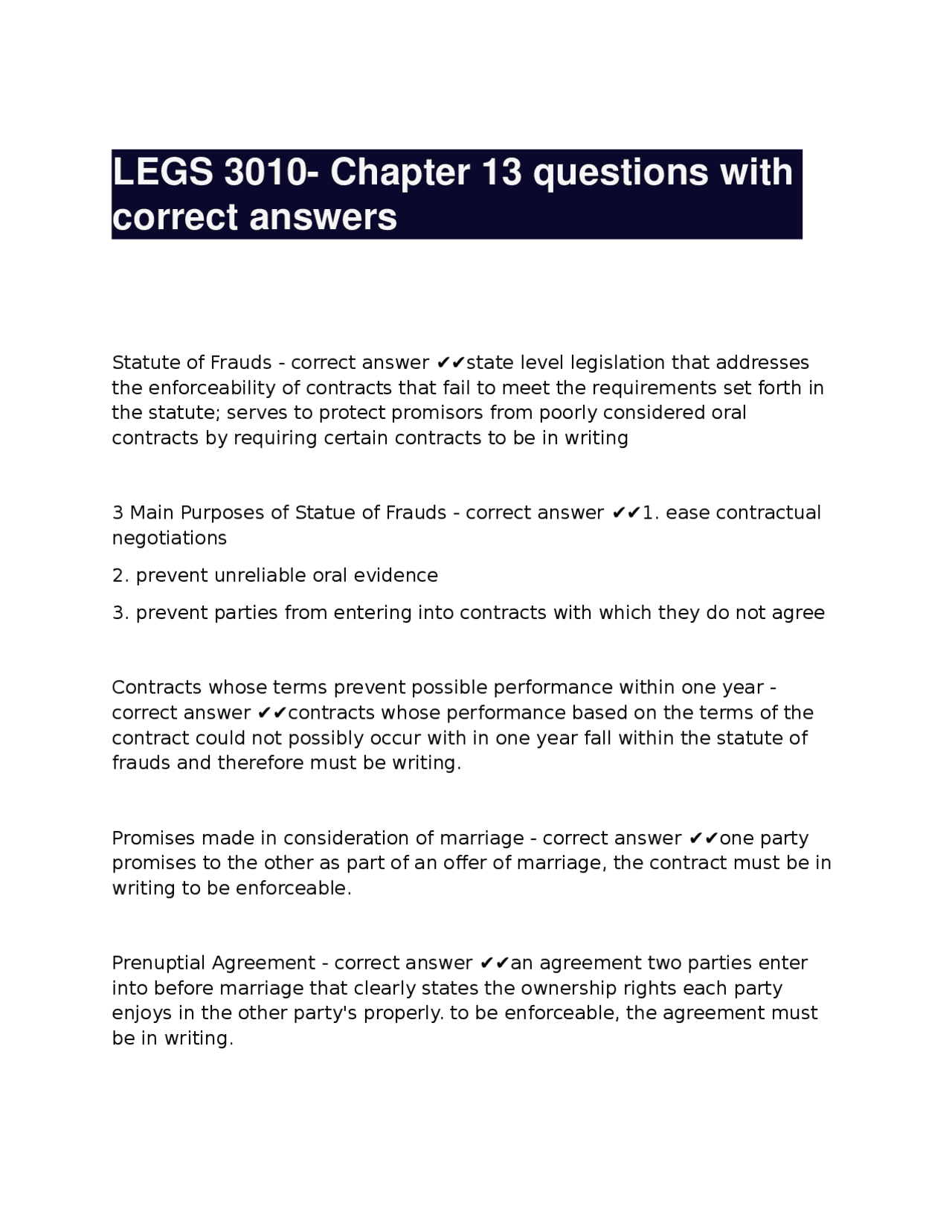 LEGS 3010- Chapter 13 questions with correct answers | Exams Advanced ...