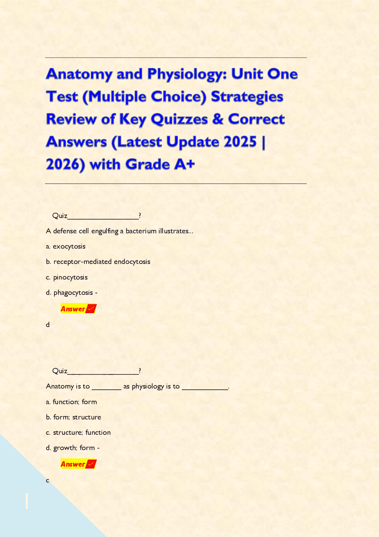 Anatomy and Physiology: Unit One Test (Multiple Choice) Strategies ...
